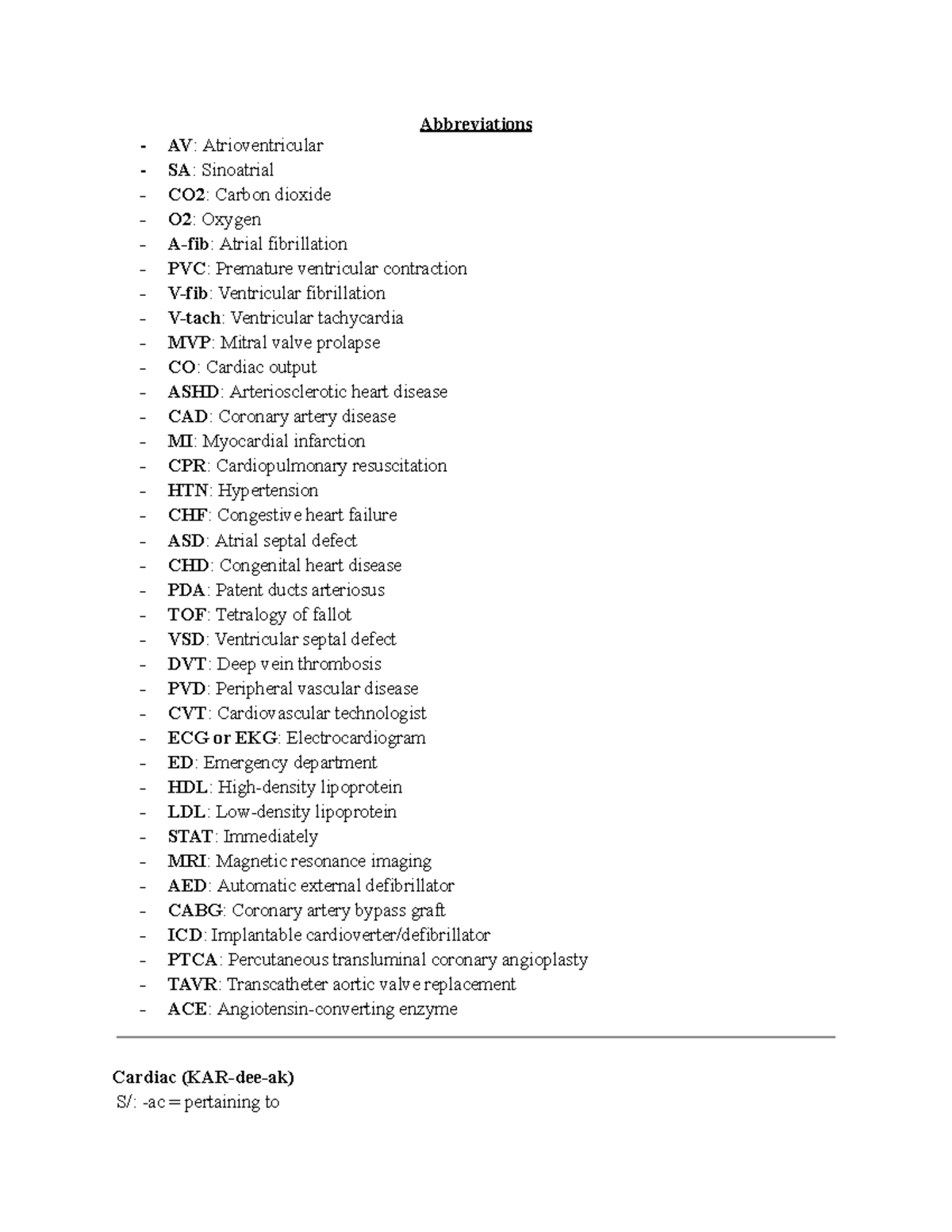 Medical Terminology Study Guide: Cardiac Conditions (MED 101) - Studocu