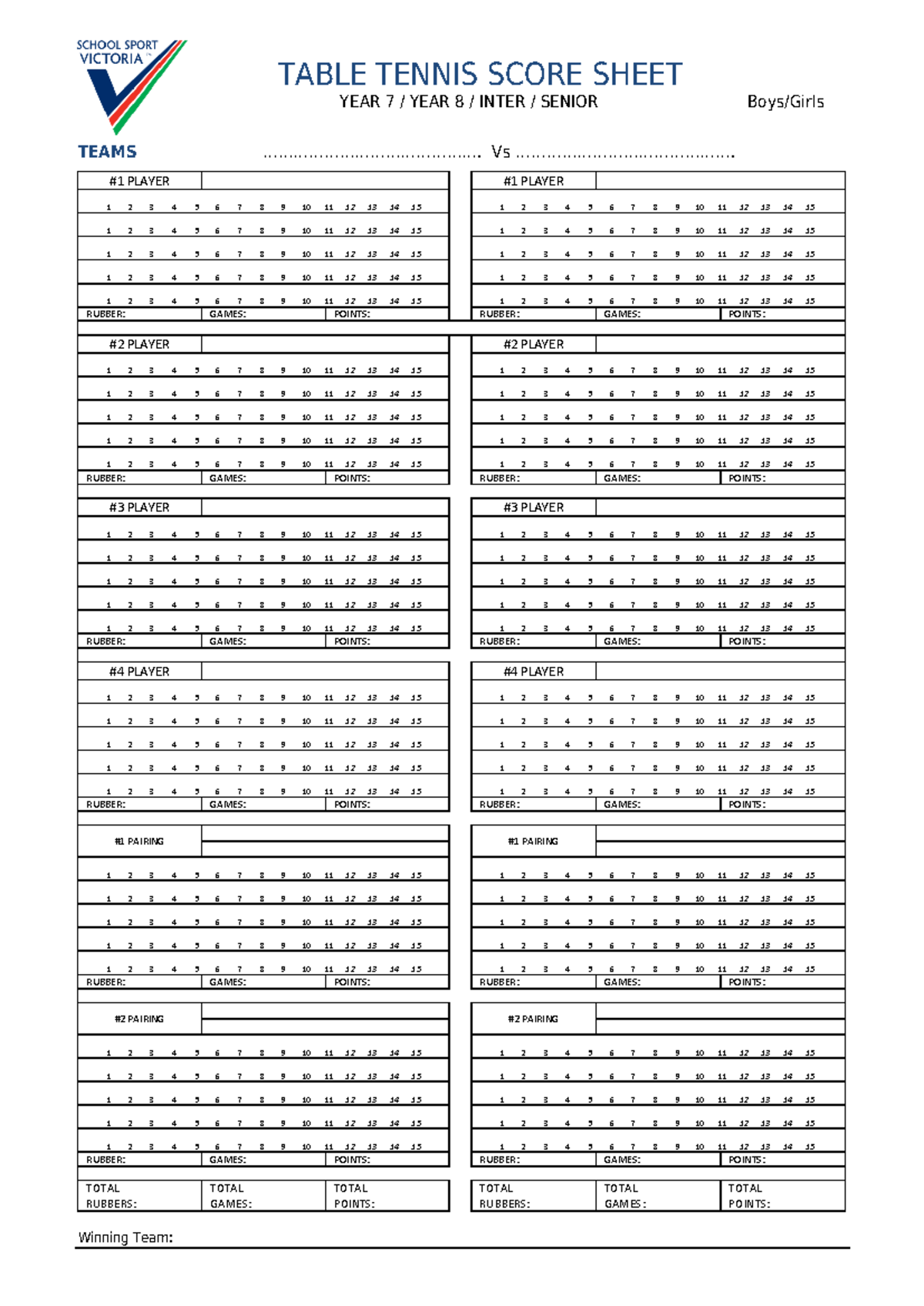 Table Tennis Score Sheet for Year 7/8/Senior Teams - Studocu