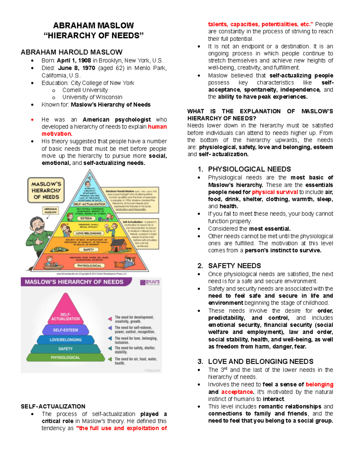 Abraham Maslow Abraham Maslow Wrote His Hierarchy Of Needs In 1943