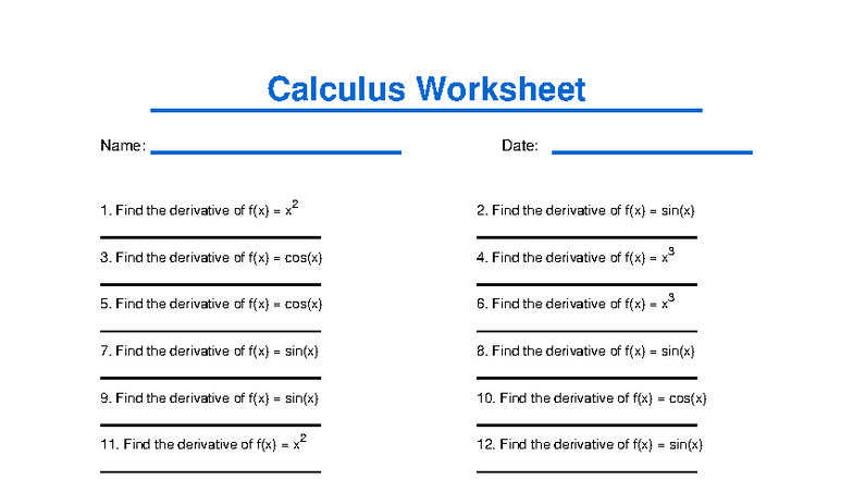 Calculus Worksheet 3: Derivatives Practice and Answer Key - Studocu