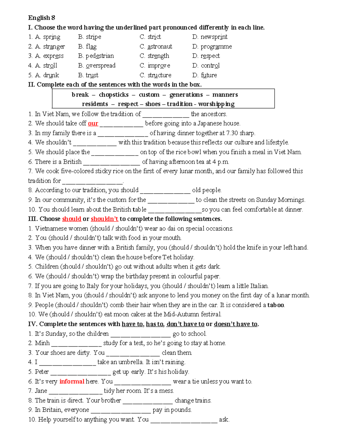 English 8 Unit 4 Review: Vocabulary & Cultural Traditions - Studocu