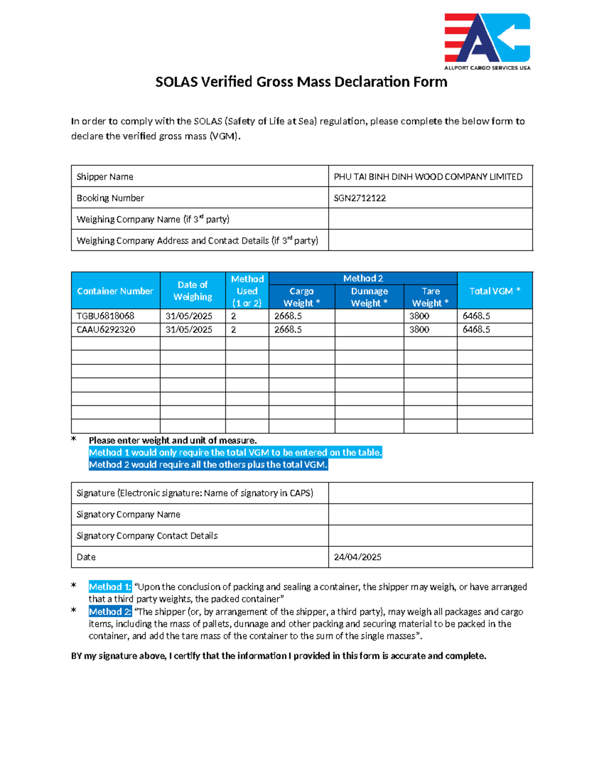 VGM Declaration Form for SOLAS Compliance - SGN2712122 - Studocu