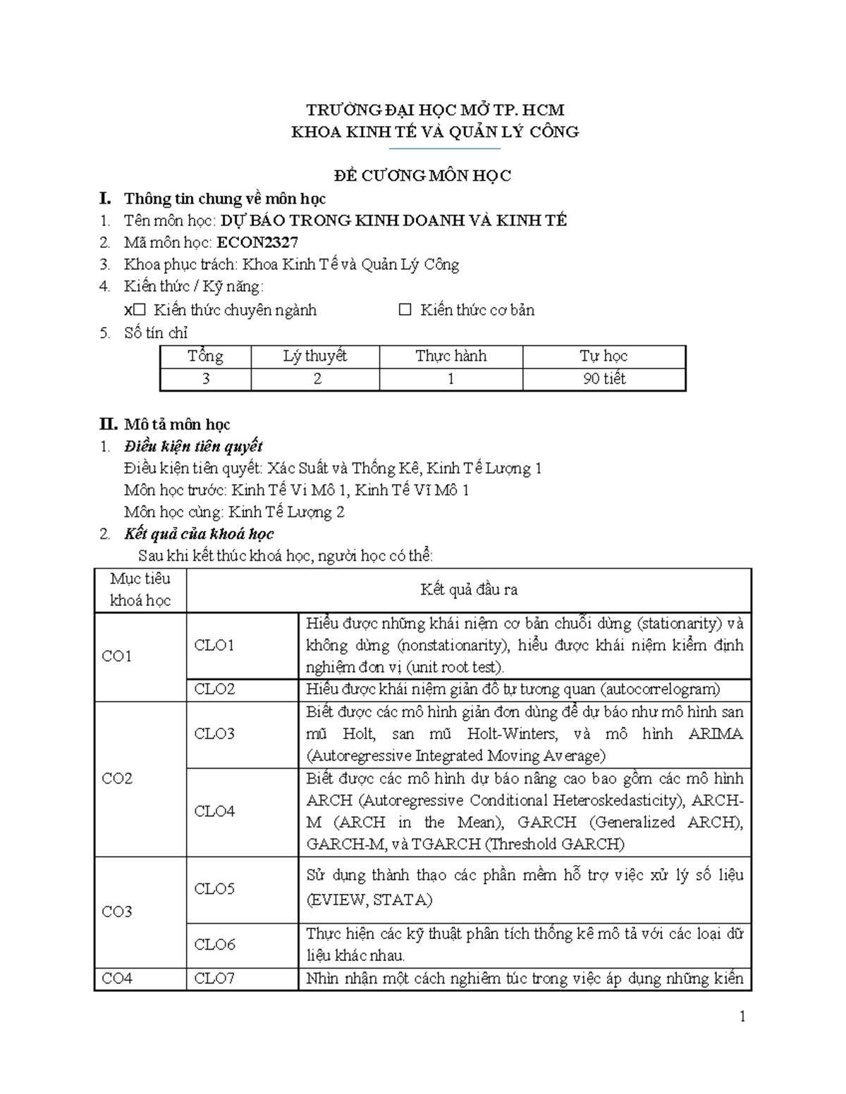 Đề cương môn học Dự báo trong Kinh doanh và Kinh tế - ECON2327 - Studocu