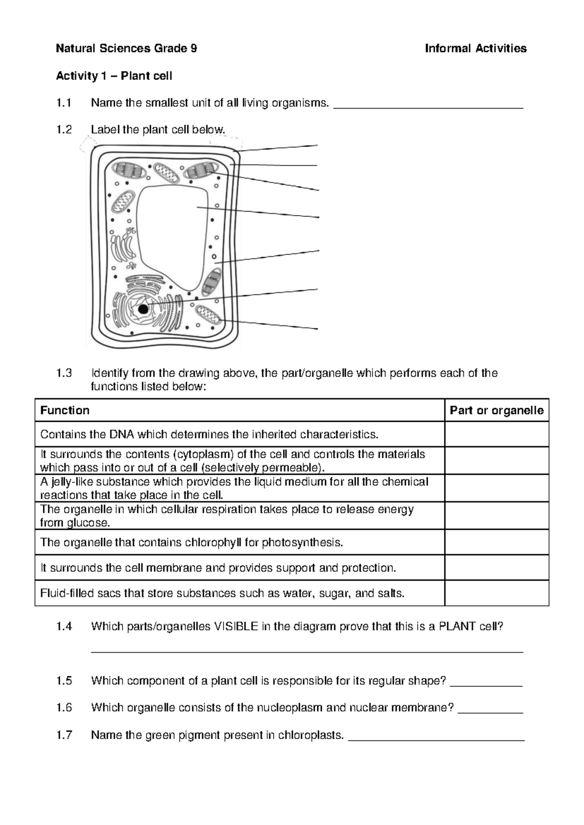 Nat Sci Gr 9 Informal Activities: Plant & Animal Cells - Studocu
