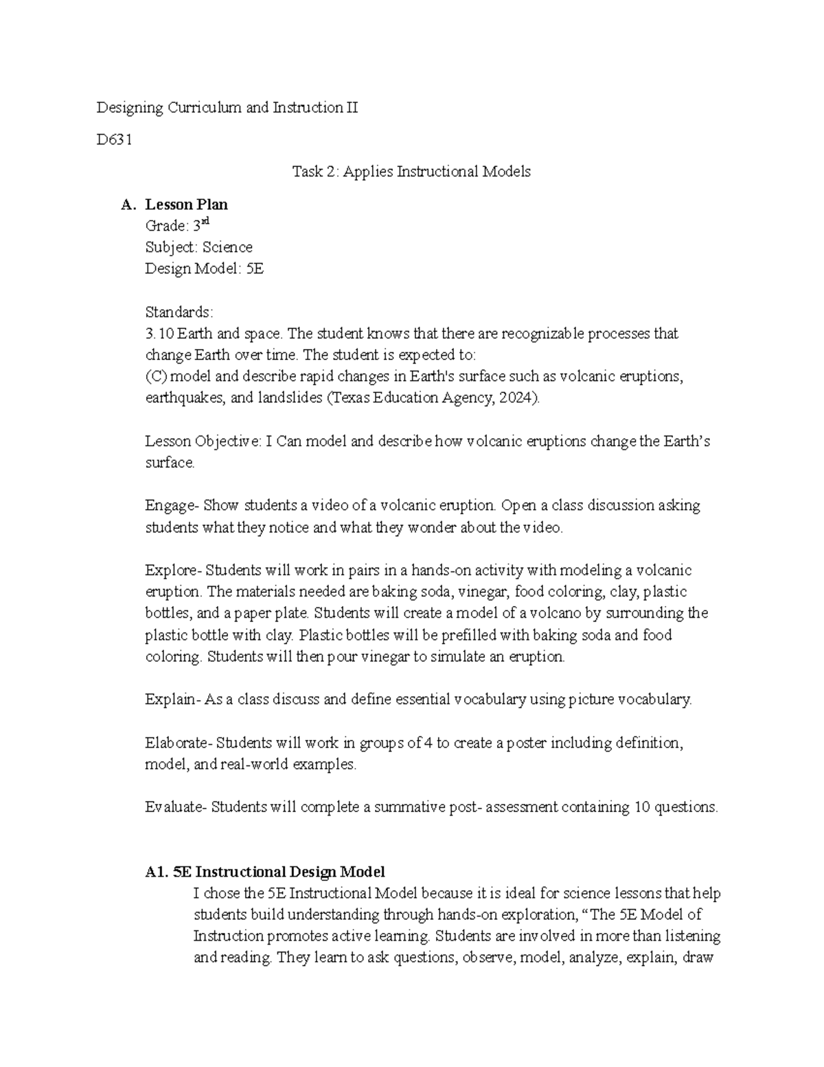 D631 Task 2: 5E Model Lesson Plan on Volcanic Eruptions for 3rd Grade ...
