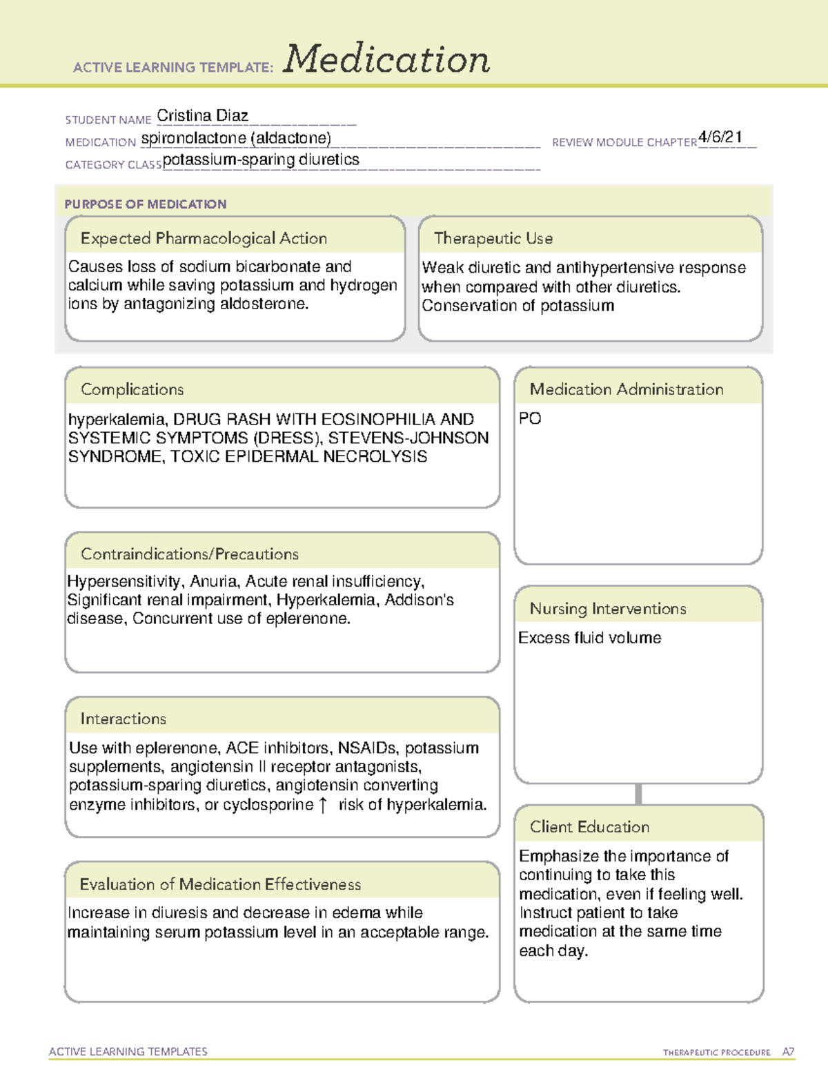 Spironolactone (Aldactone) Active Learning Template for Meds - Studocu