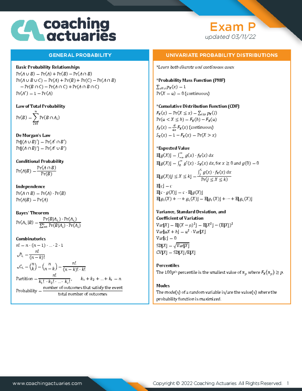 CA P Exam Formula Sheet: Univariate Probability Distributions - Studocu
