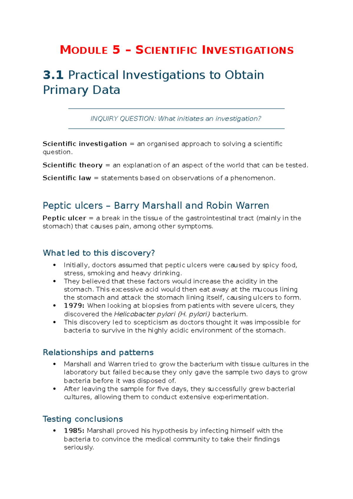 MODULE 5 SCIENTIFIC INVESTIGATIONS: Key Concepts and Discoveries - Studocu