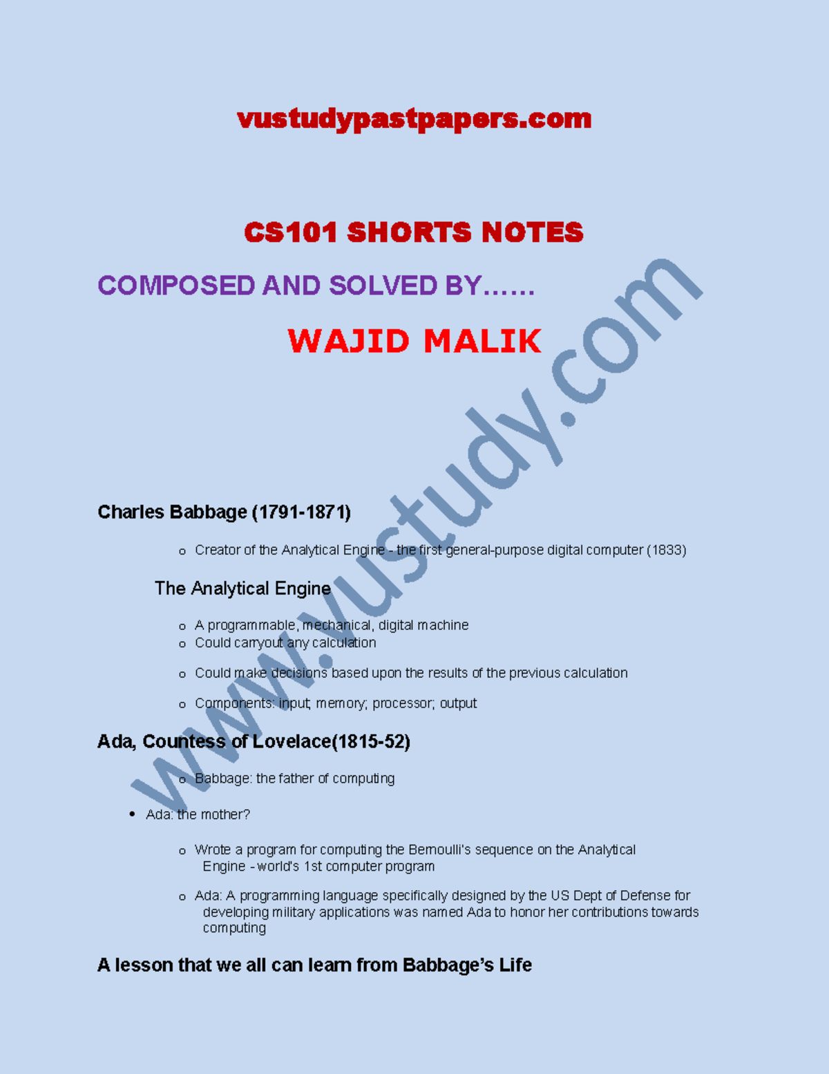 CS101 Midterm Past Papers and Key Concepts Summary - Studocu