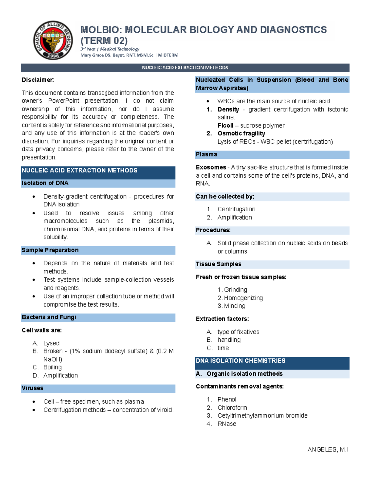 MOLBIO: MIDTERM NUCLEIC ACID EXTRACTION METHODS (TERM 02) - Studocu