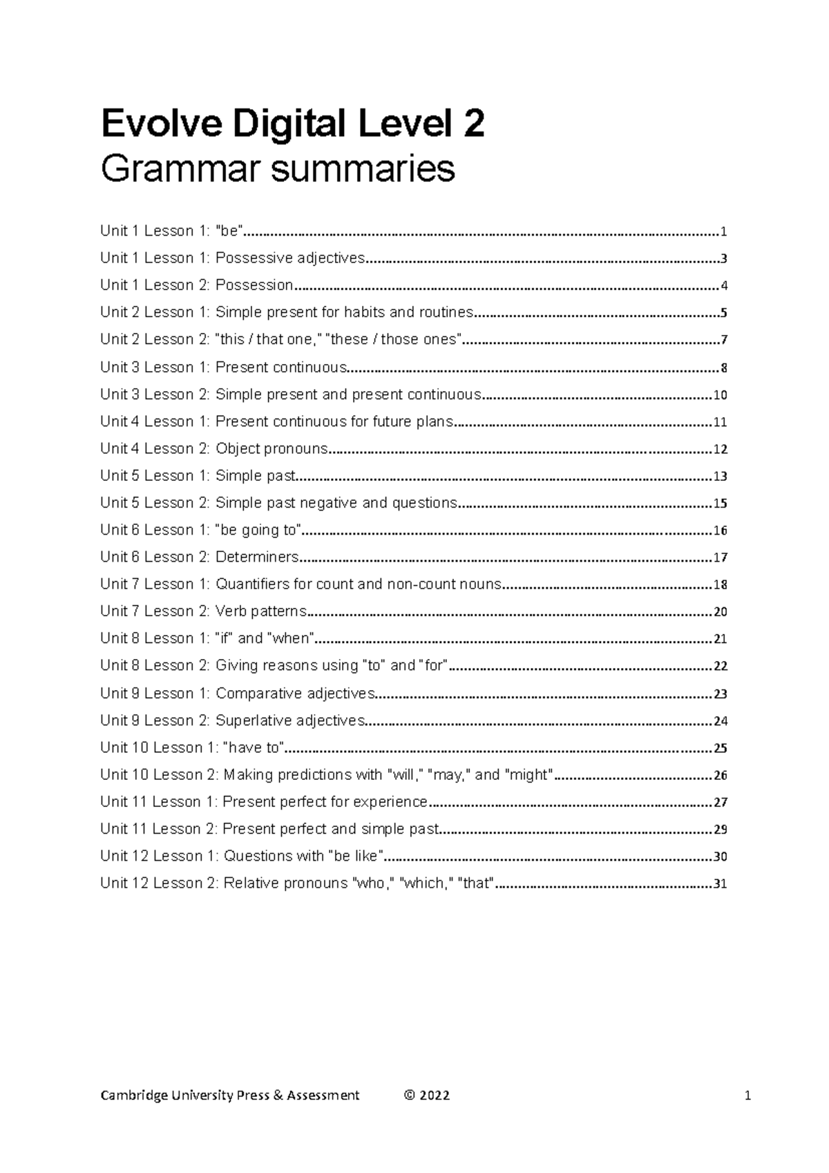 Evolve Digital Level 2 Grammar Summaries for Units 1-12 - Studocu