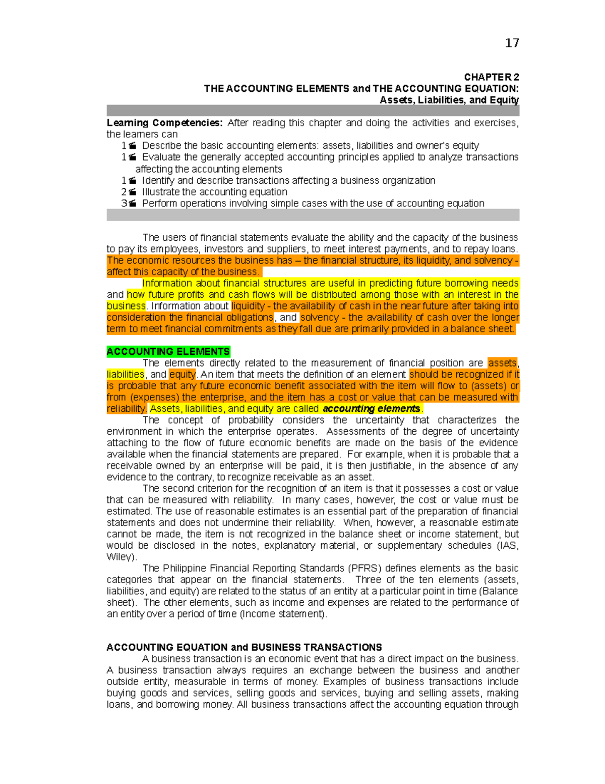 Accounting Elements and the Accounting Equation - CHAPTER 2 THE ...
