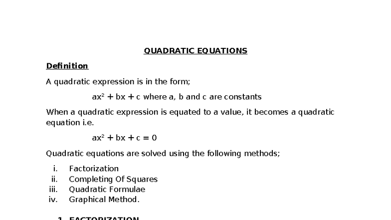 MATH101: Quadratic Equations - Methods & Solutions Guide - Studocu