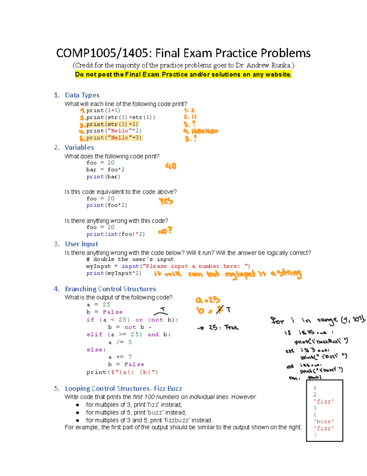 COMP1005 1405 Final Exam Practice Problems and Solutions - Studocu