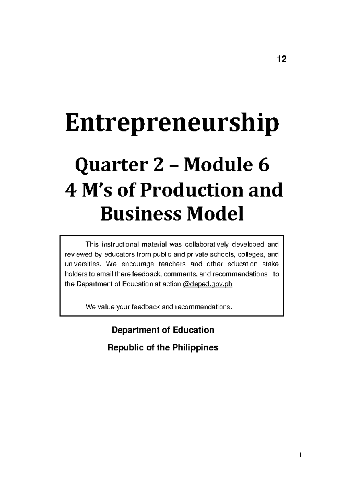 Entrep 12 Q2 Mod6 Understanding the 4 M's of Production & Business ...