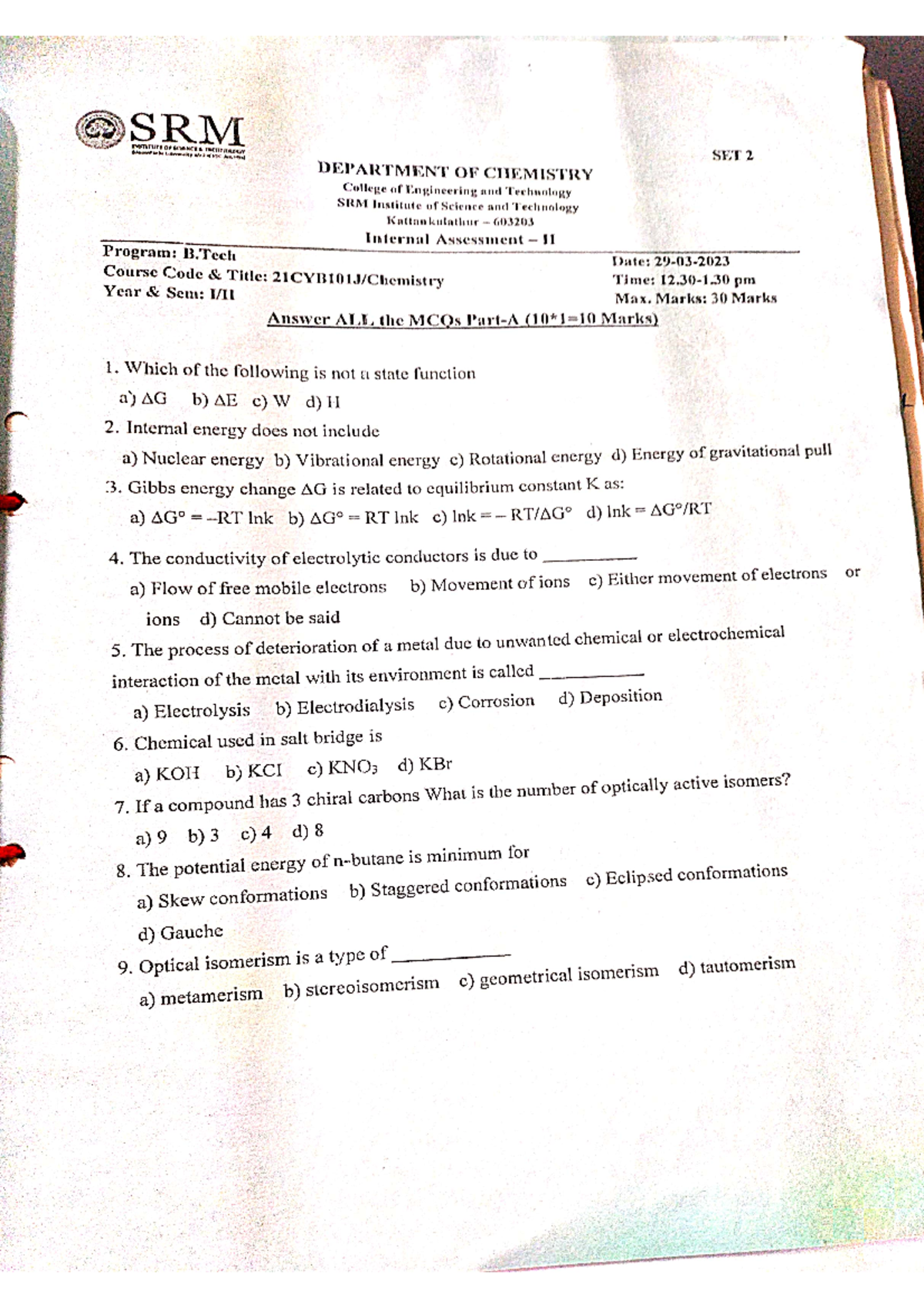 Previous Year Question Papers Srm Institute Or Science Trchnology United Laiversity Set 2