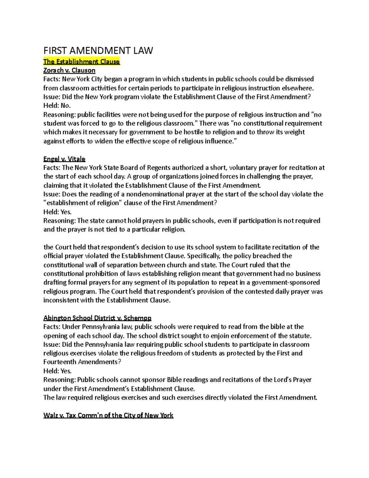 First Amendment Outline - FIRST AMENDMENT LAW The Establishment Clause ...