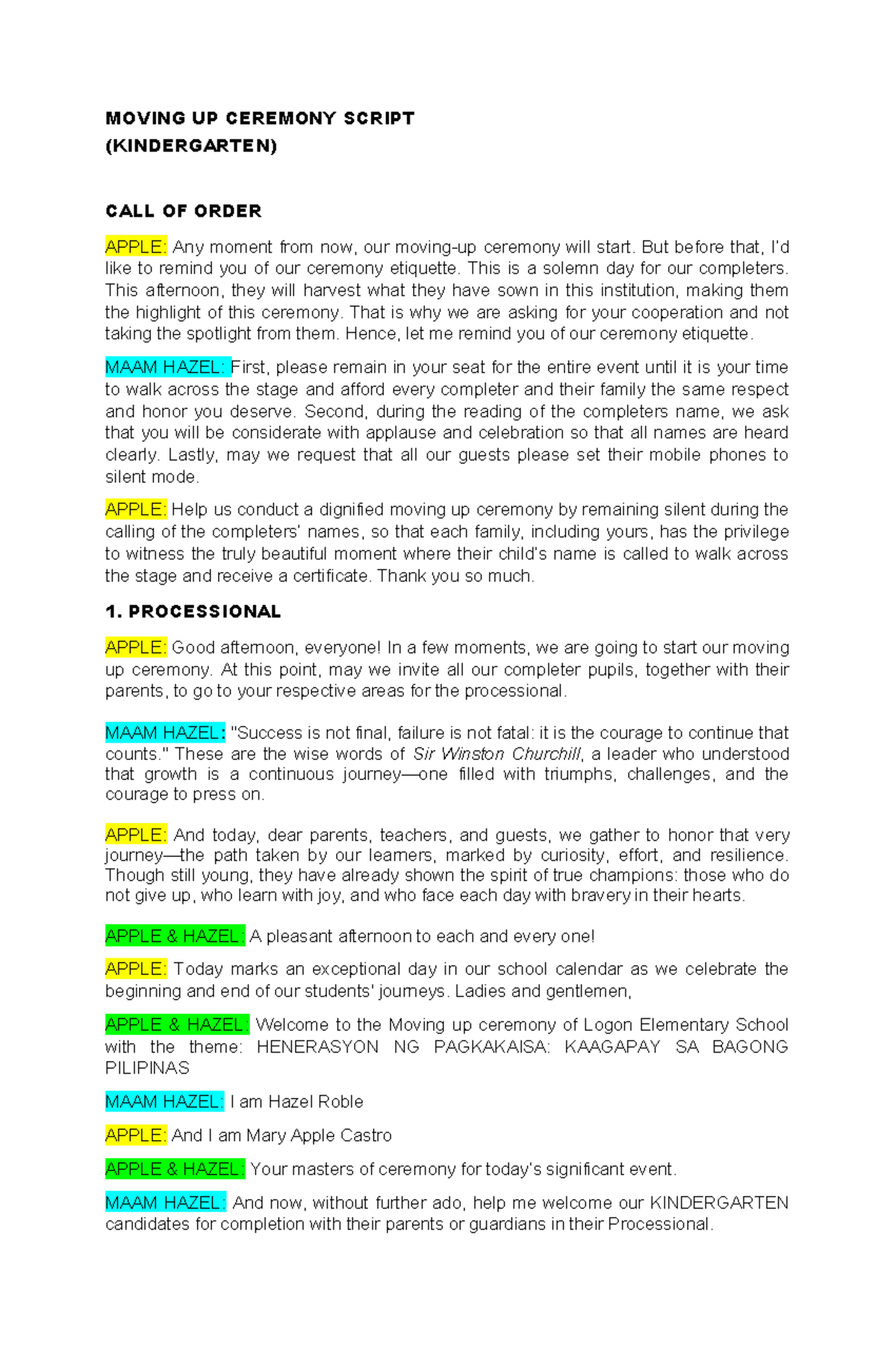 Moving up ceremony script (kindergarten) at Logon Elementary School - Studocu