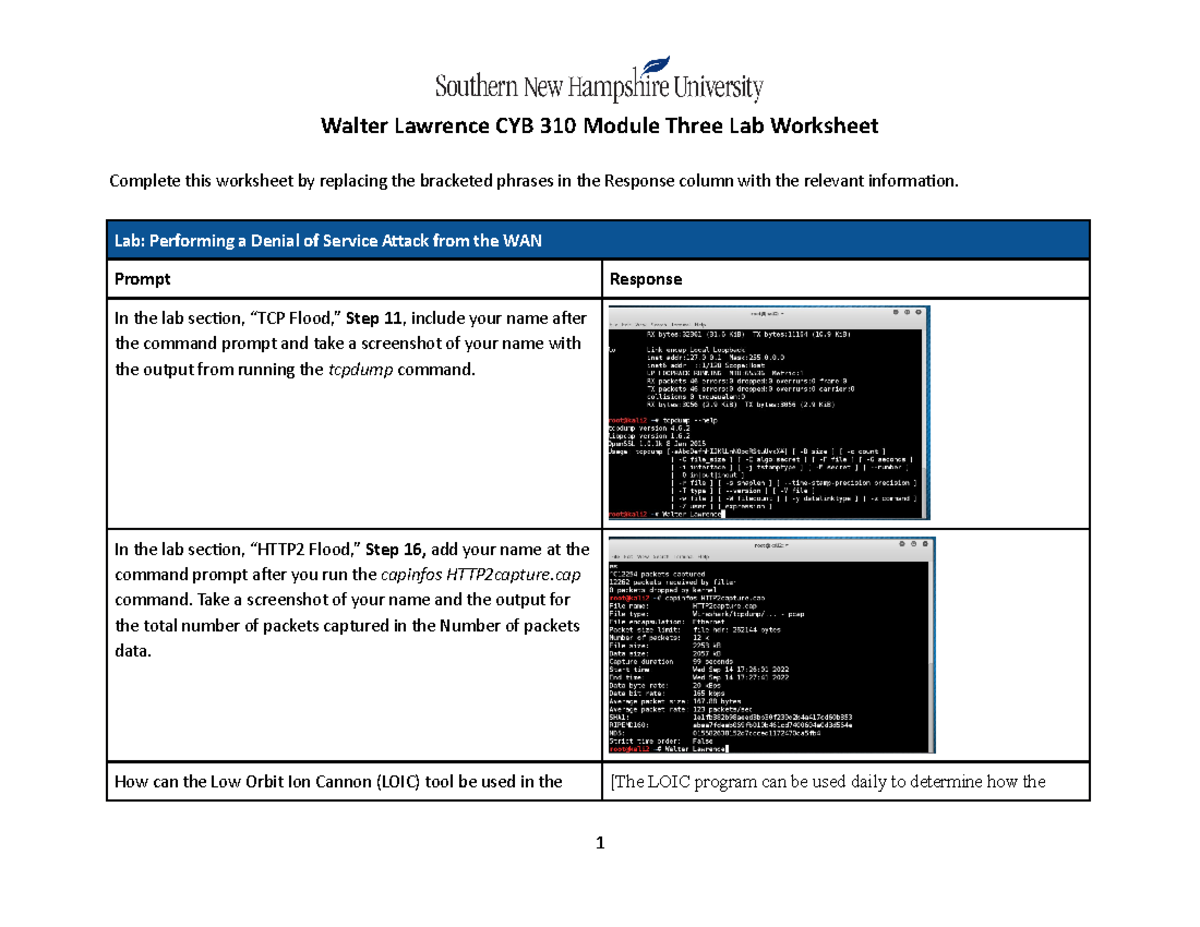 CYB 310 Module III Lab Worksheet: Denial of Service Attack Exercise ...