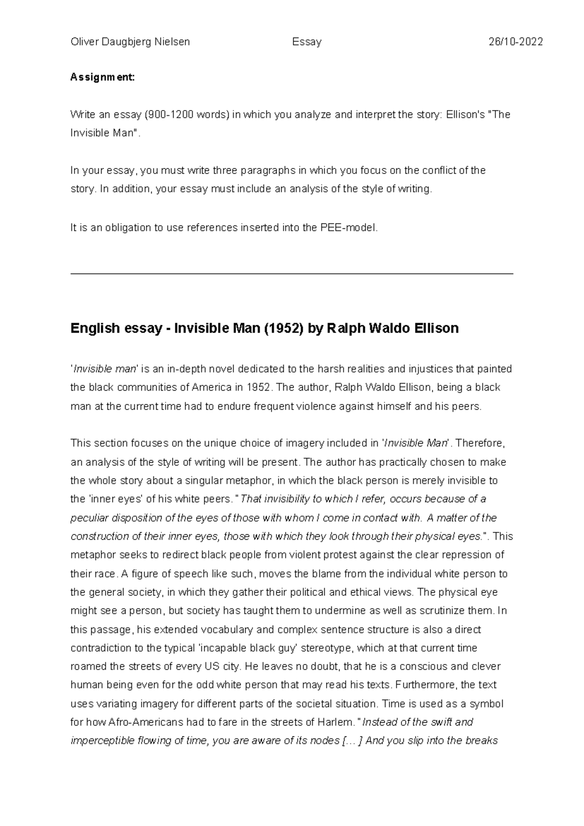 ENG 101 Essay: Analyzing Conflict in "Invisible Man" by Ellison - Studocu