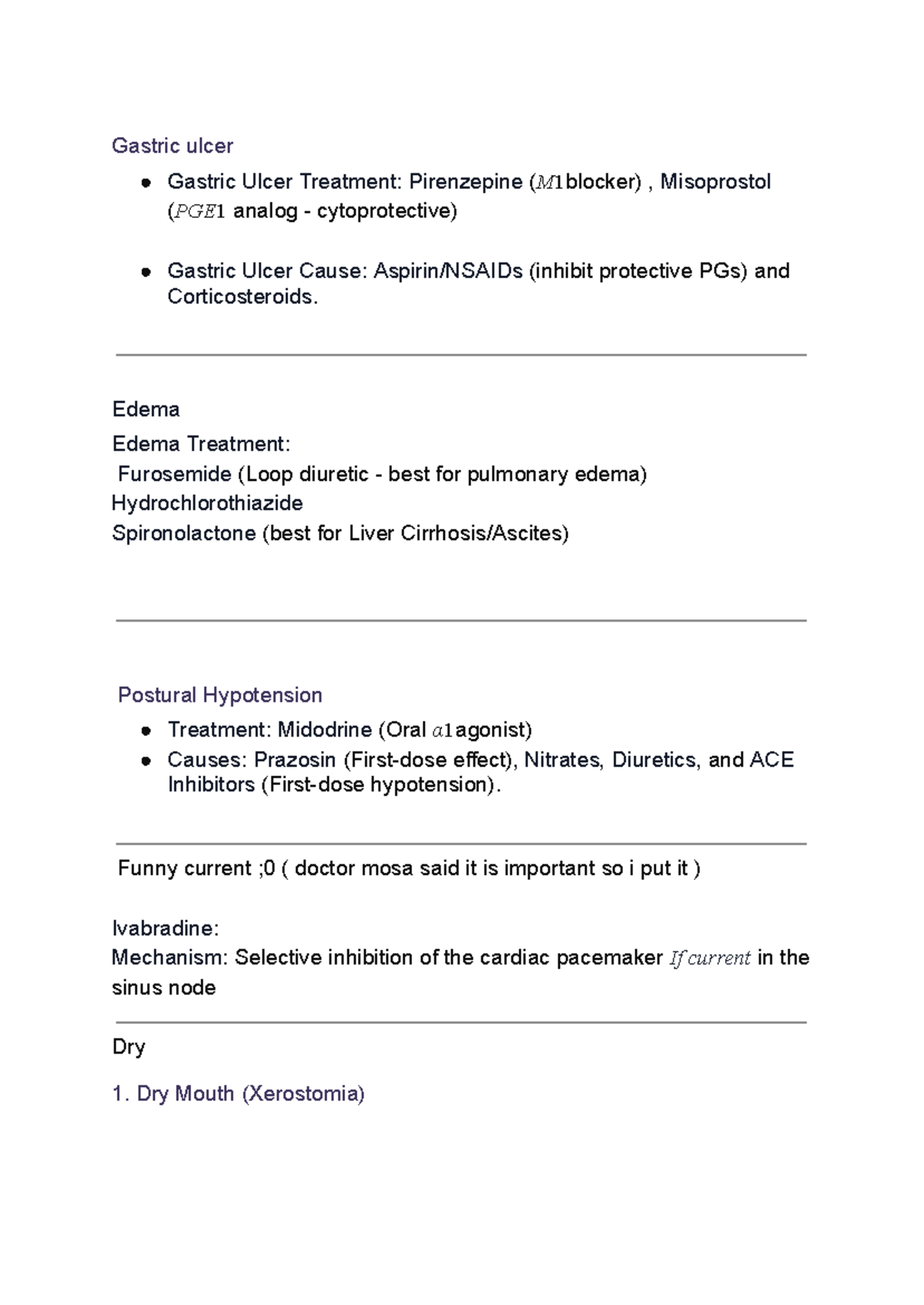 Pharma (PHM101) Lecture Notes: Gastric Ulcers & Edema Treatments - Studocu