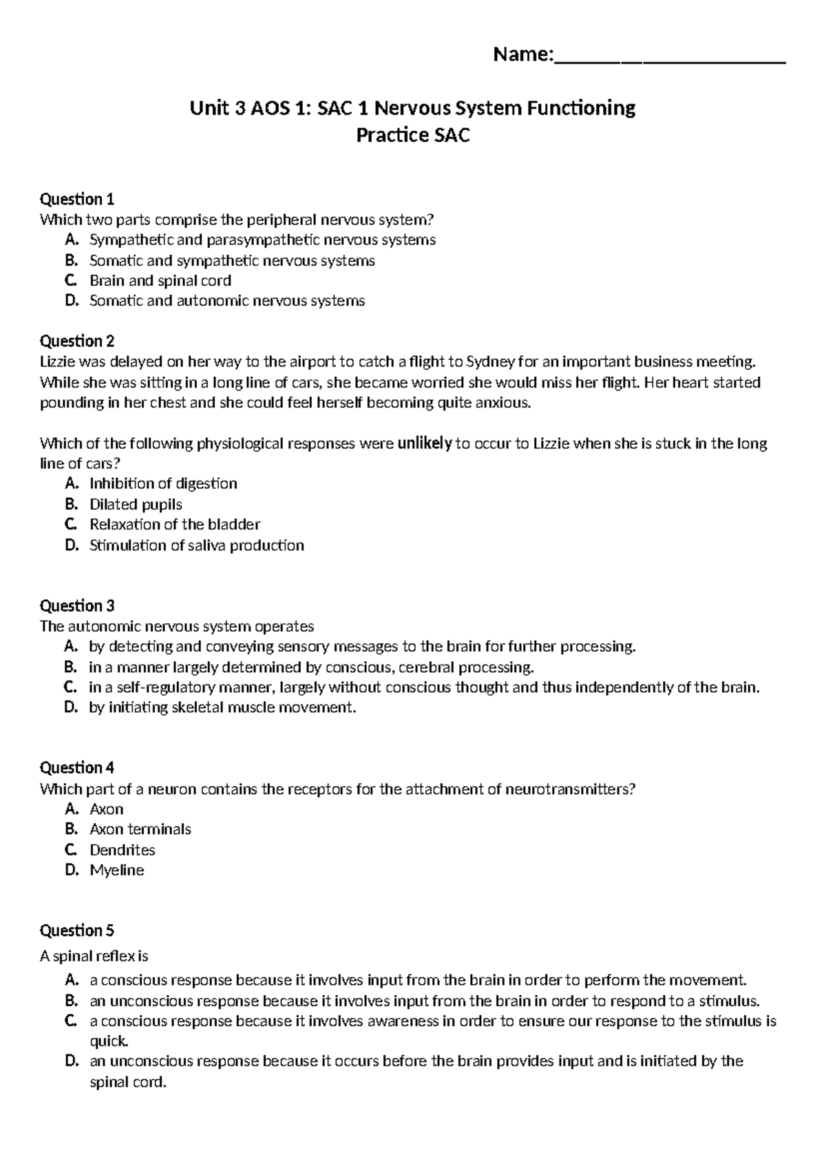 Psychology Practice SAC Nervous System - Name ...
