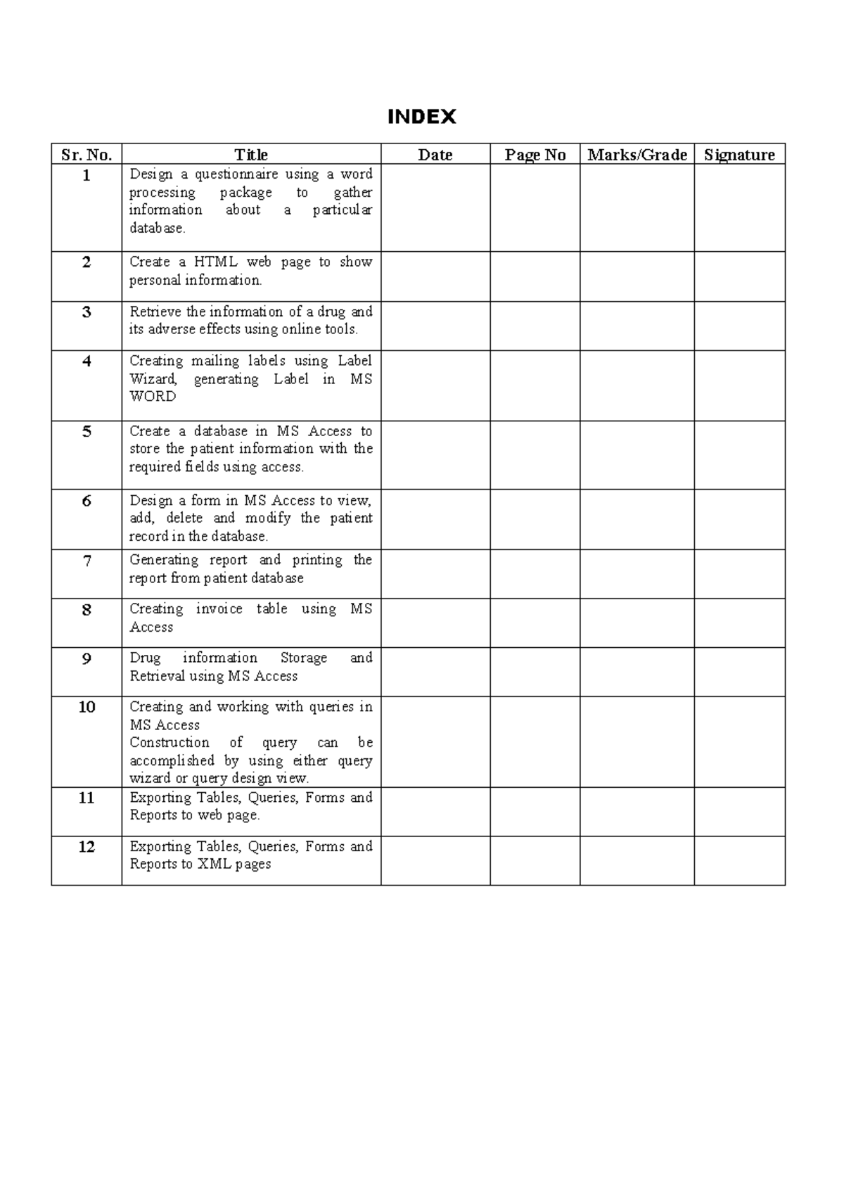 MS Access Project Index: Database Design & Management Tasks - Studocu