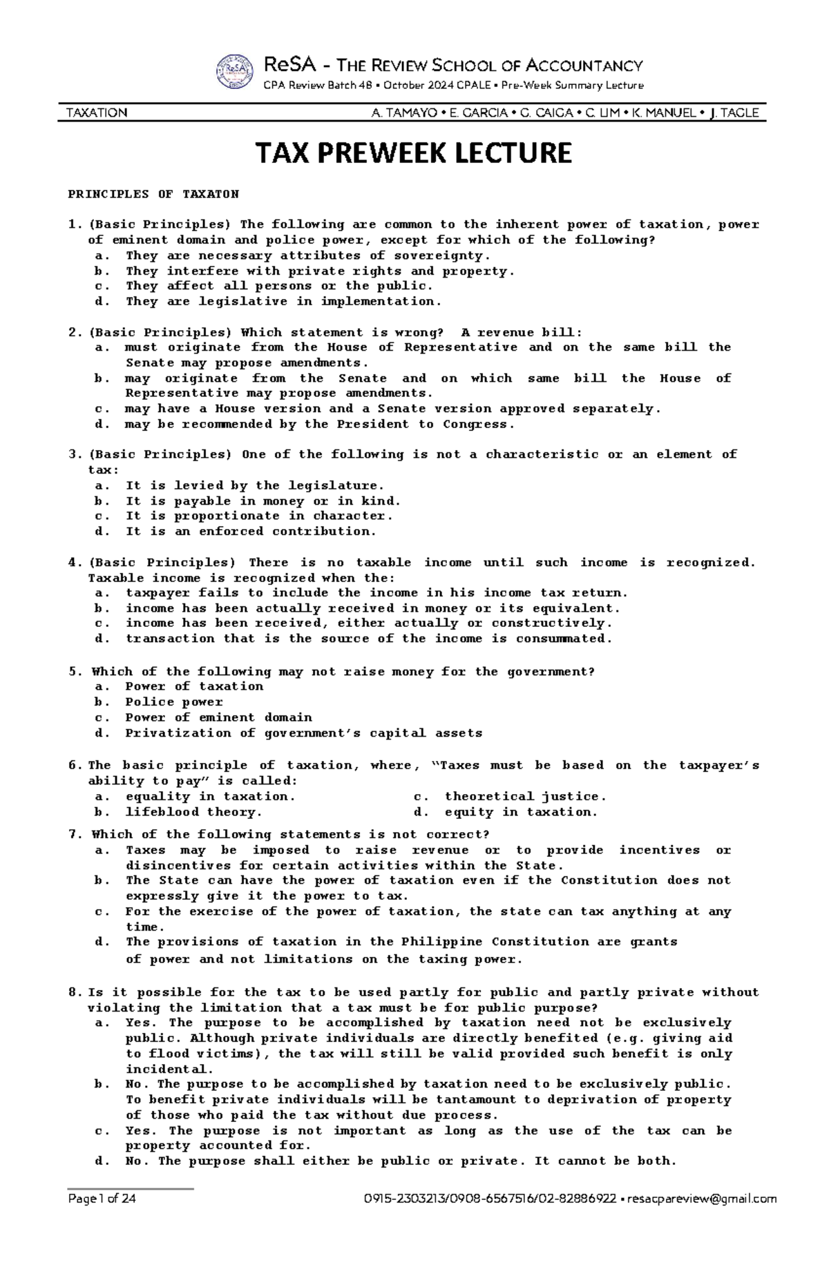 TAX Preweek Lecture Notes for CPA Review Batch 48 - October 2024 - Studocu
