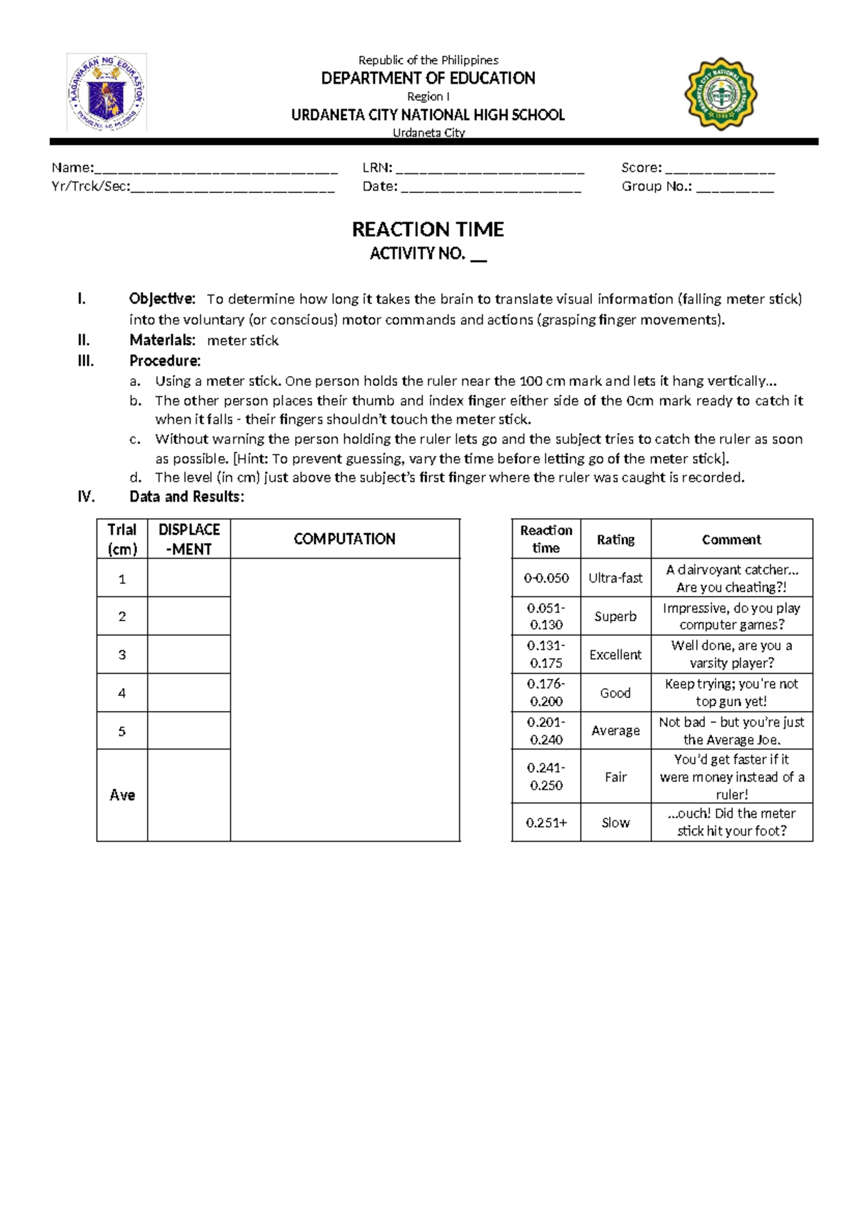Reaction TIME activity experiment - Republic of the Philippines ...