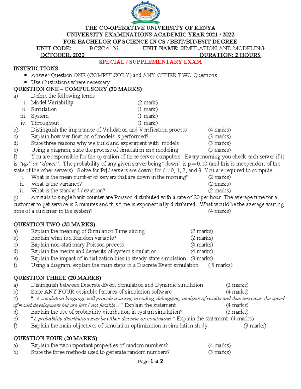 Supplementary Exam - BCSC 4126 Simulation and Modeling, Oct 2022 - Studocu