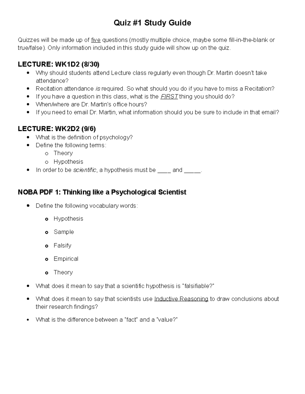 PSY205 Study Guide QUIZ 1 - Quiz #1 Study Guide Quizzes will be made up ...