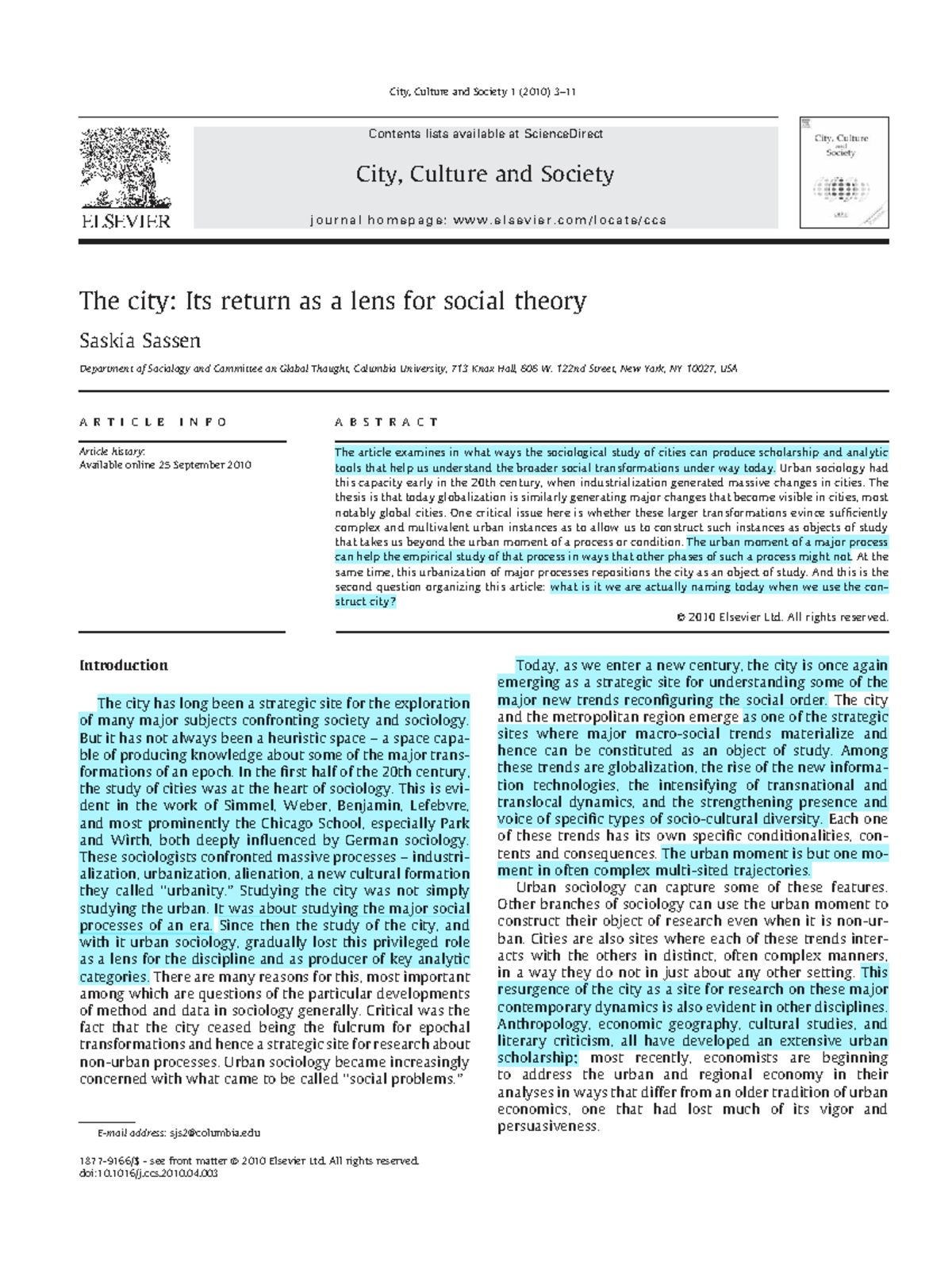 Sociology Notes: Cities, Culture, and Society (CULT 101) - Studocu