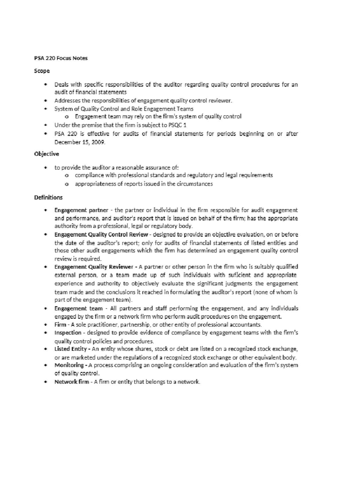 PSA 220 Audit Quality Control Notes: Responsibilities & Procedures ...