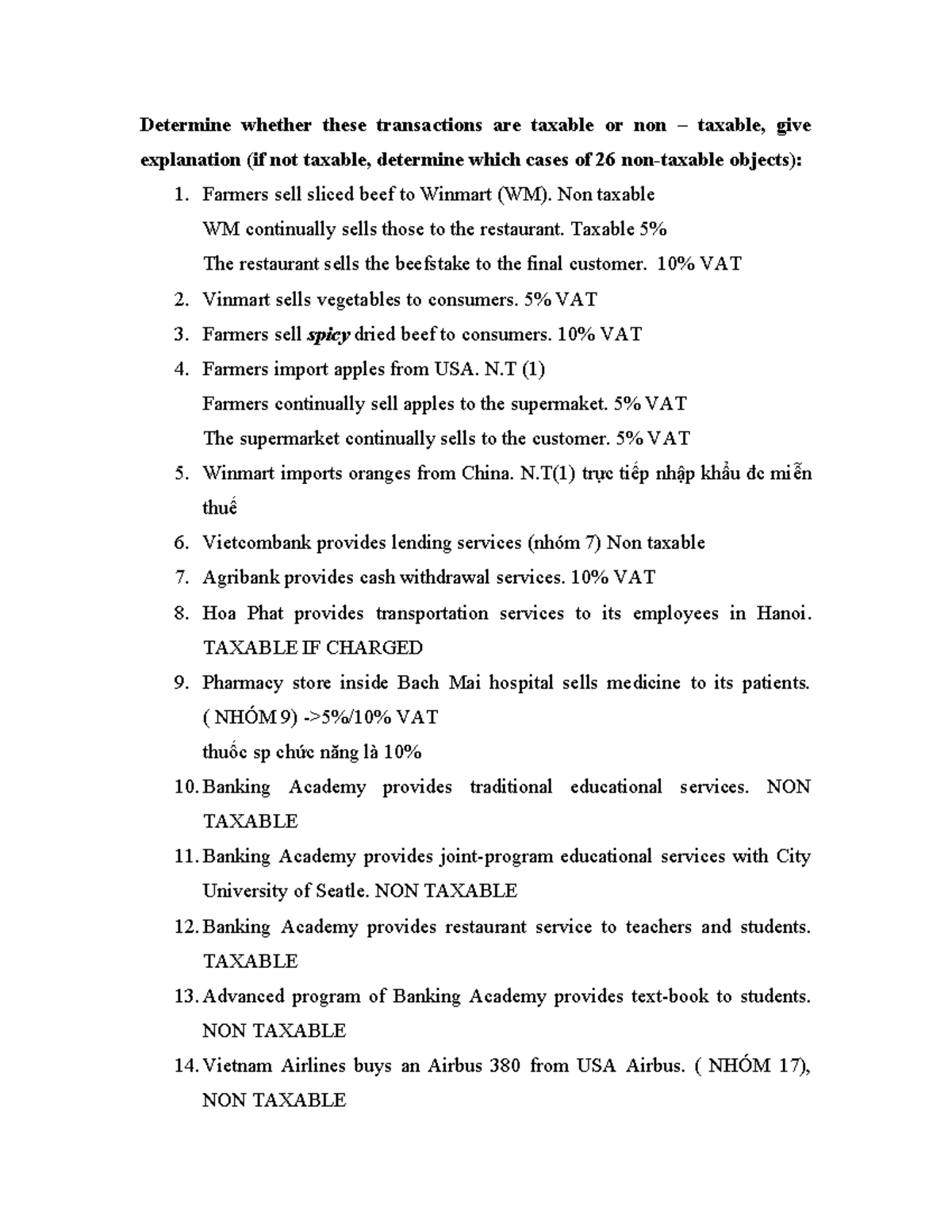 VAT Classification Exercise in Class: Taxable vs Non-Taxable ...