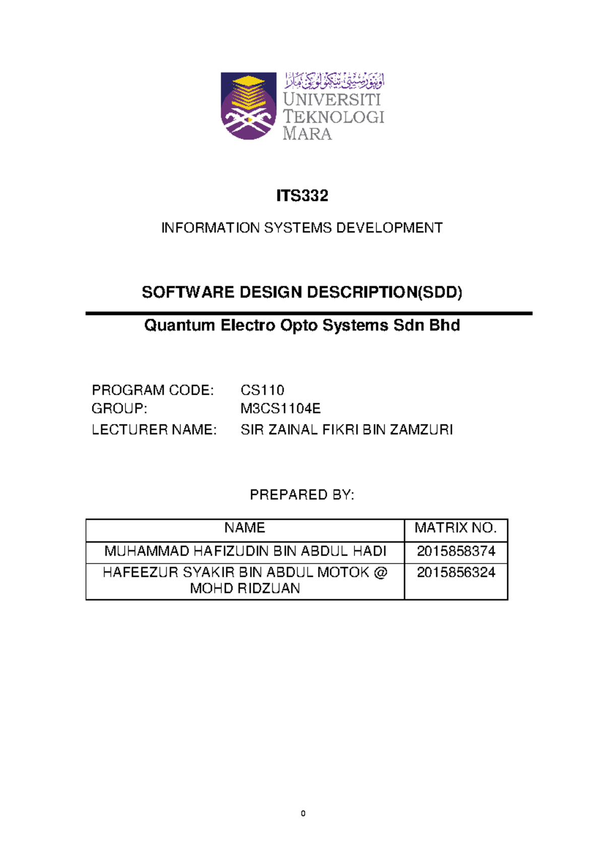 ITS332 SDD for QEOS Technology: Software Design Description Report ...