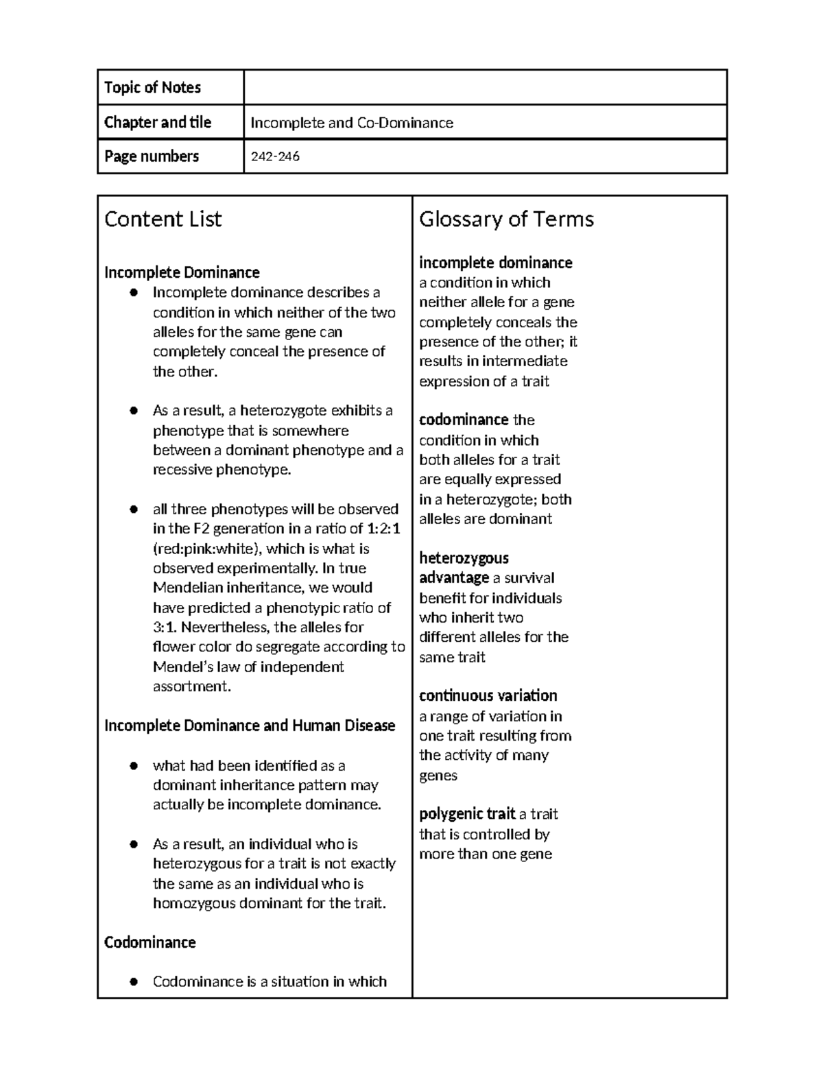 BIO101 Chapter 6 Notes: Incomplete Dominance & Codominance - Studocu