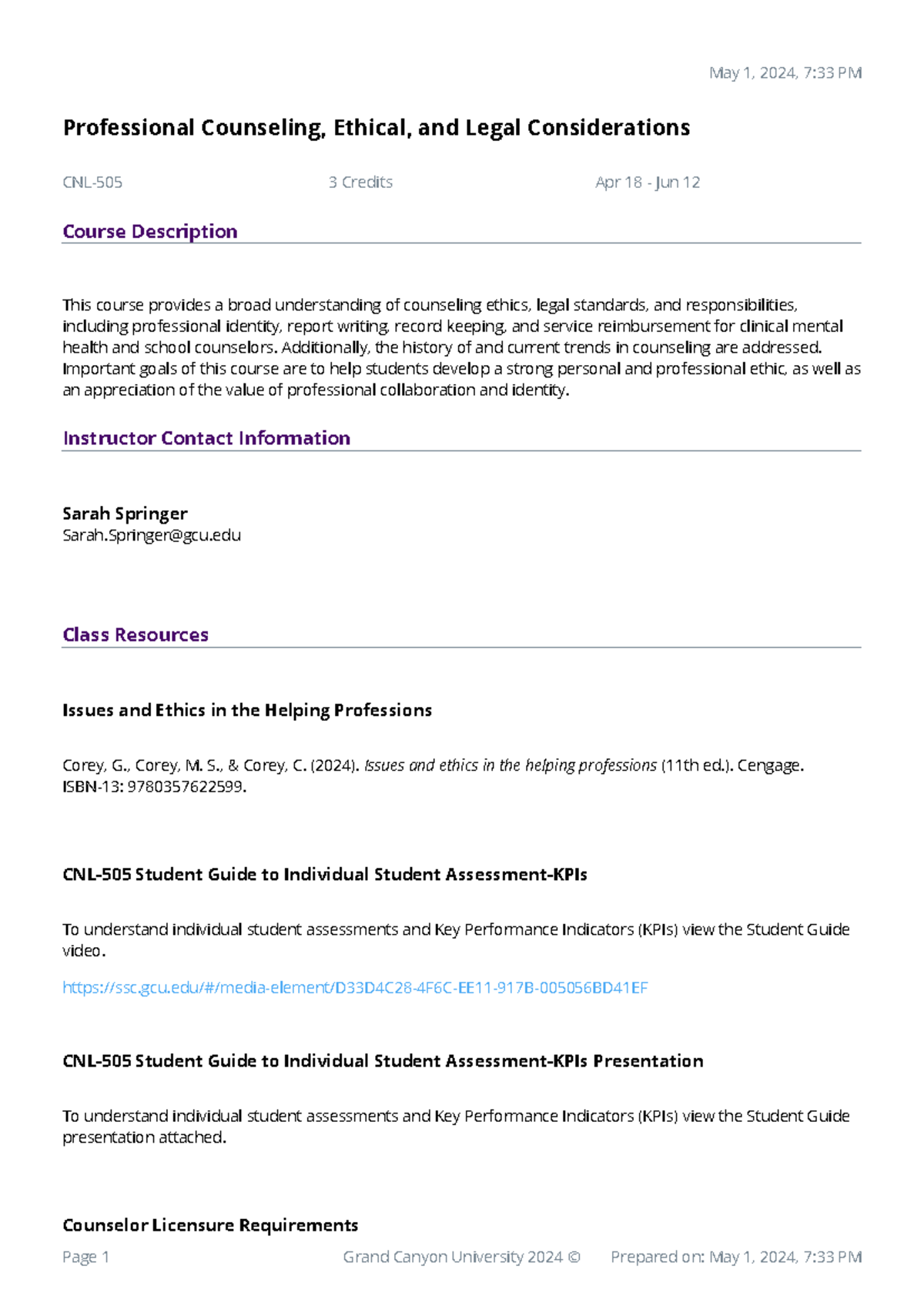 Syllabus for CNL-505: Professional Counseling, Ethics & Legal Standards ...