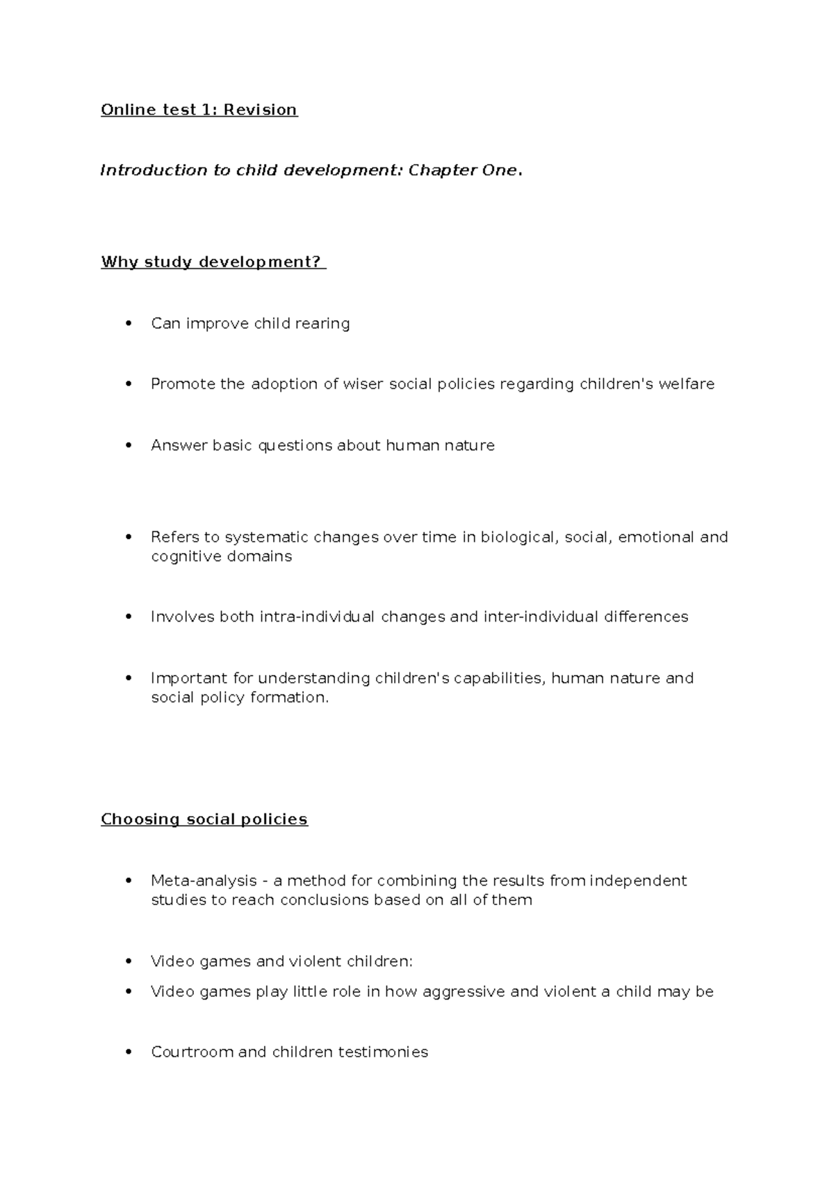 Online test 1 - n/a - Online test 1: Revision Introduction to child ...