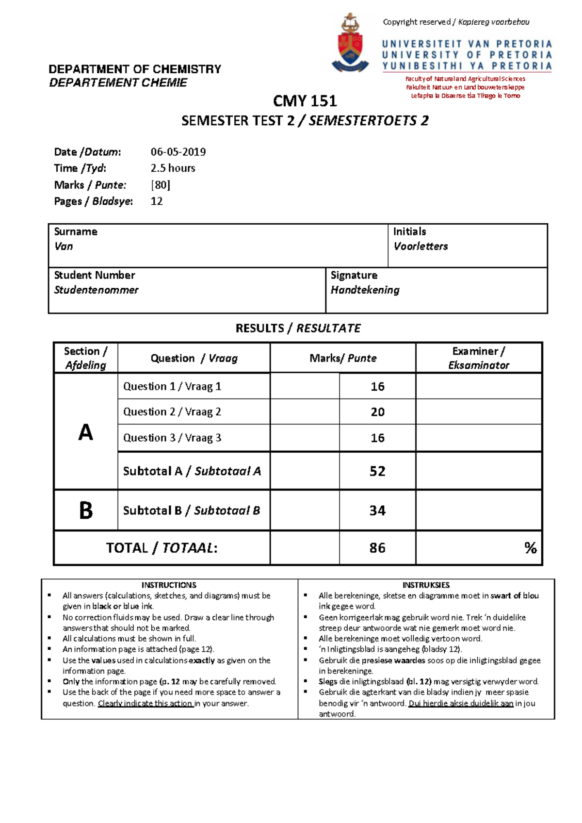 CMY 151 Semester Test 2 - Detailed Exam Questions and Instructions ...