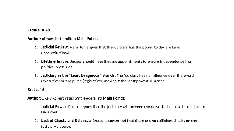 Federalist 78 & Brutus 15: Judicial Power Analysis & Study Guide - Studocu
