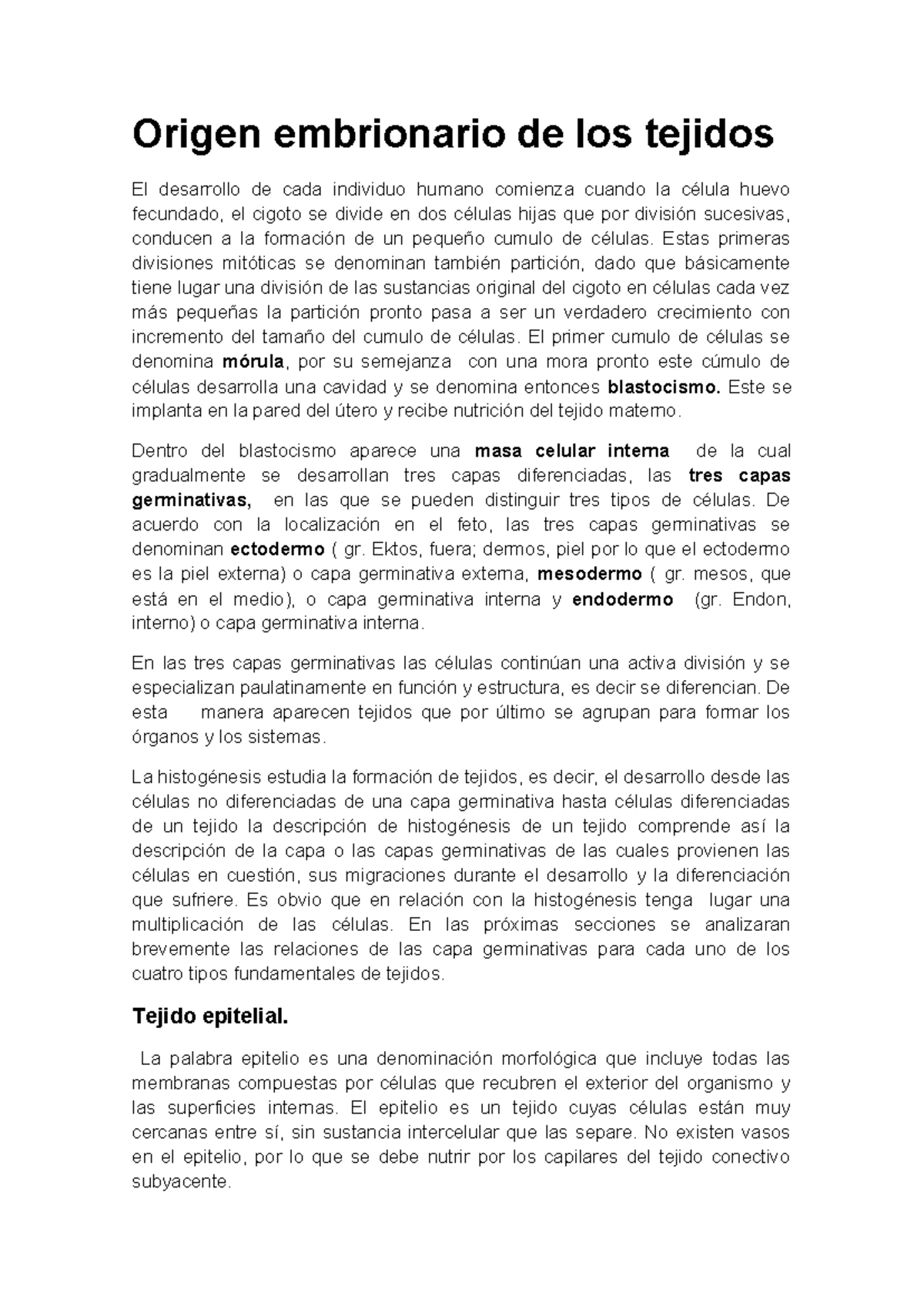 Origen Embrionario y Desarrollo de los Tejidos Humanos - Studocu