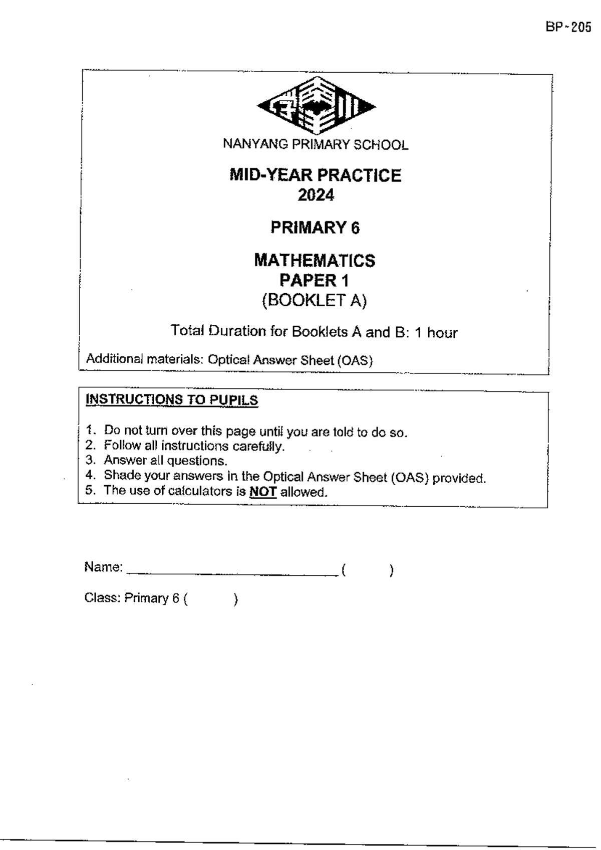 P6 Maths 2024 WA2 Nanyang Primary School Practice Papers - Studocu
