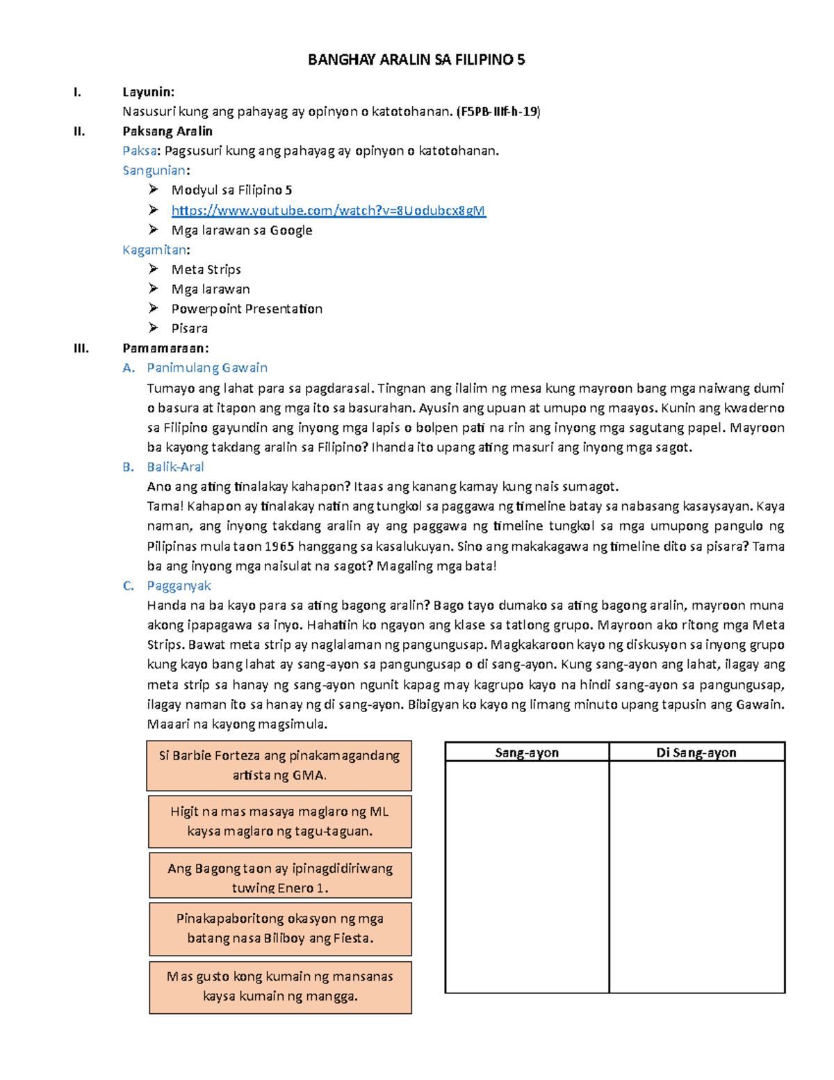 Classroom Observation Tool - BANGHAY ARALIN SA FILIPINO 5 I. Layunin ...