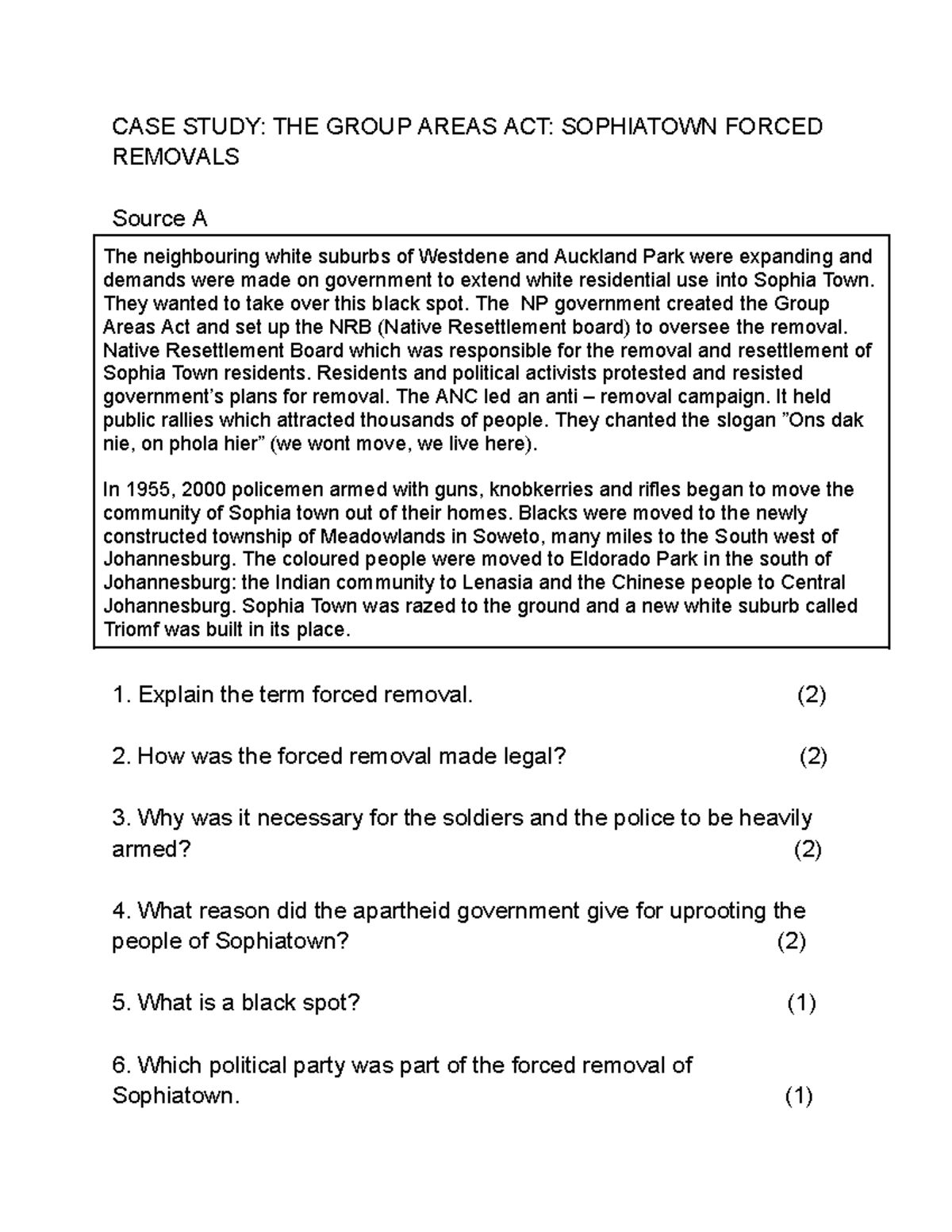 CASE STUDY: SOPHIATOWN AND MOGOPA FORCED REMOVALS (CIVIL RIGHTS) - Studocu
