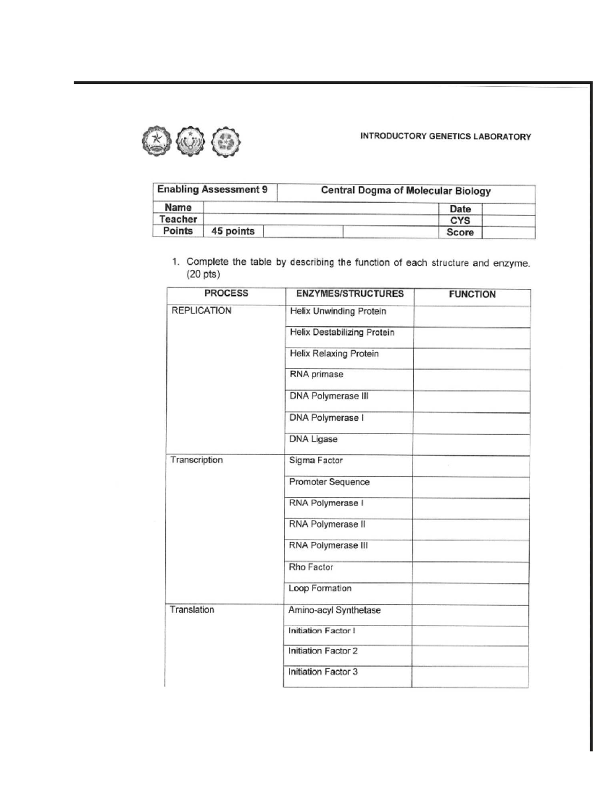 EA9 - Introductory Genetics Lab: Central Dogma Worksheet - Studocu