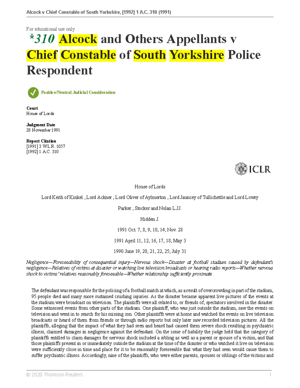 Alcock v Chief Constable of South Yorkshire: Case Study on Negligence ...