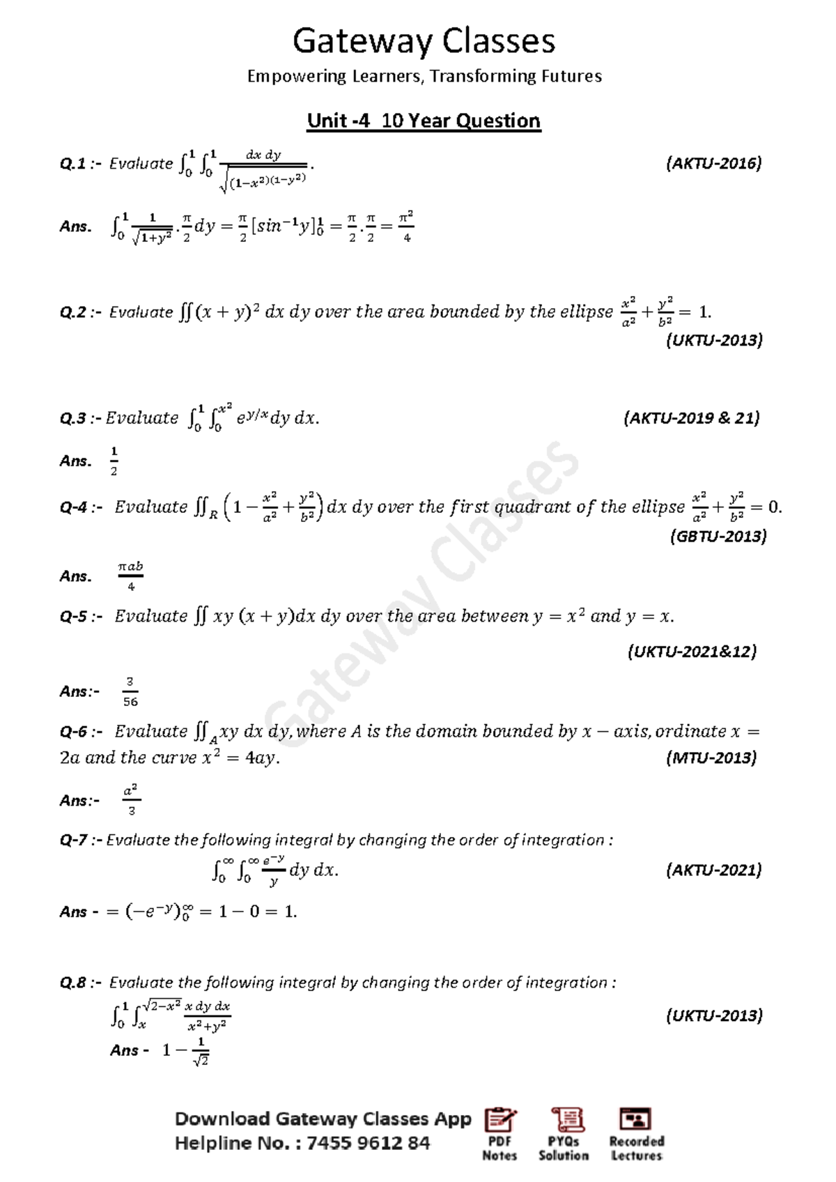 Gateway Classes M1 U4 AKTU PYQs: Evaluating Integrals and Areas - Studocu