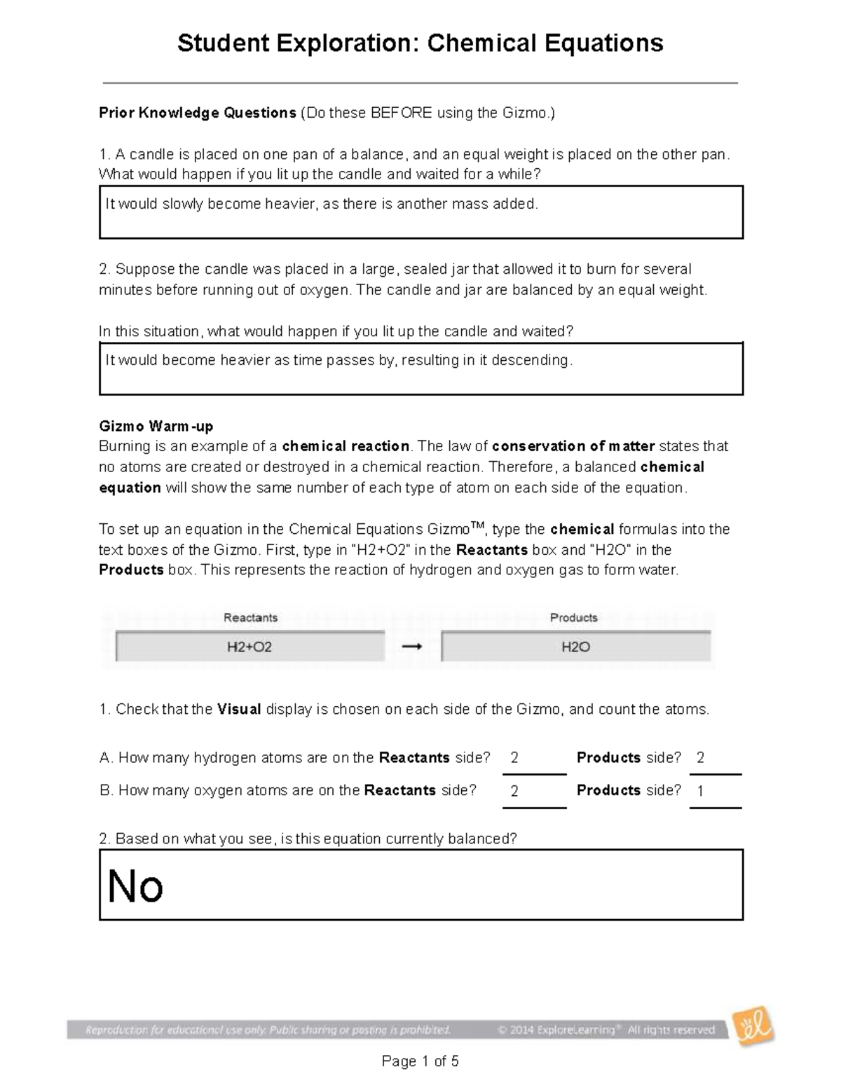 Copy of Student Exploration Chemical Equations A&B - Prior Knowledge ...