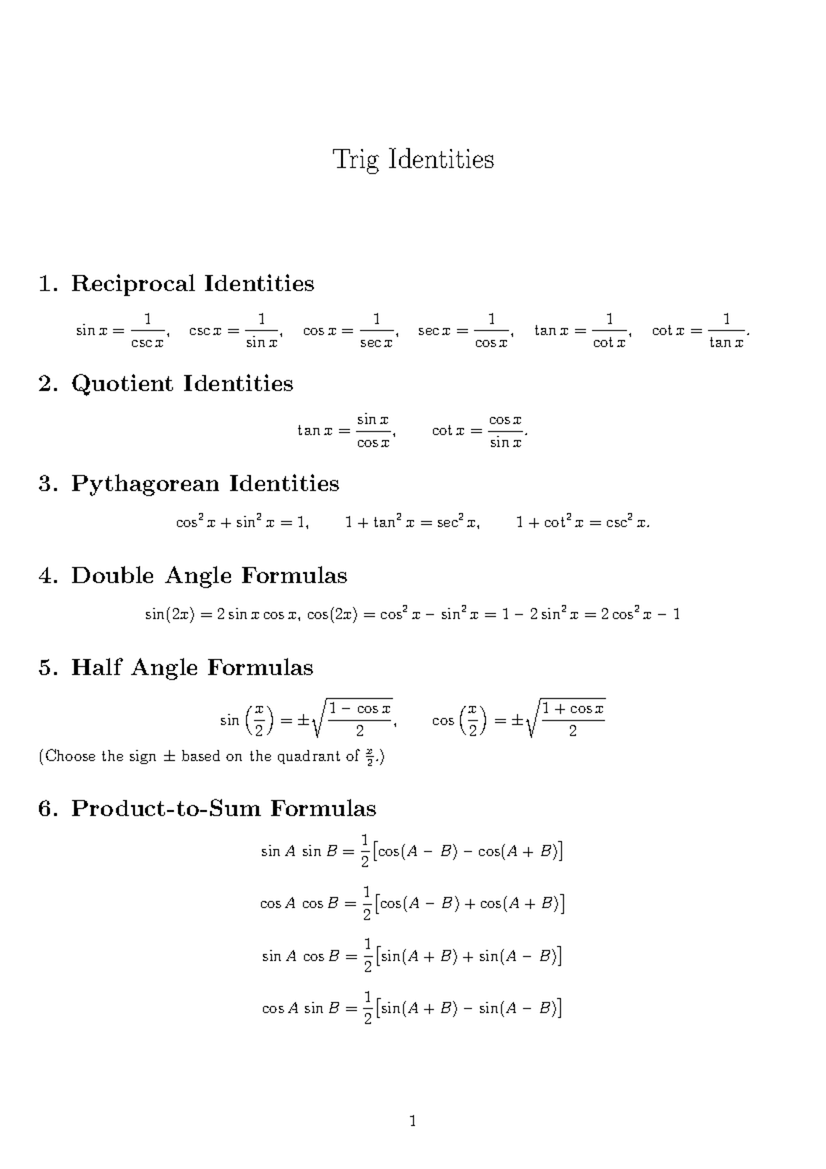 Trig Identities for Calculus II (Cal II) Study Guide - Studocu