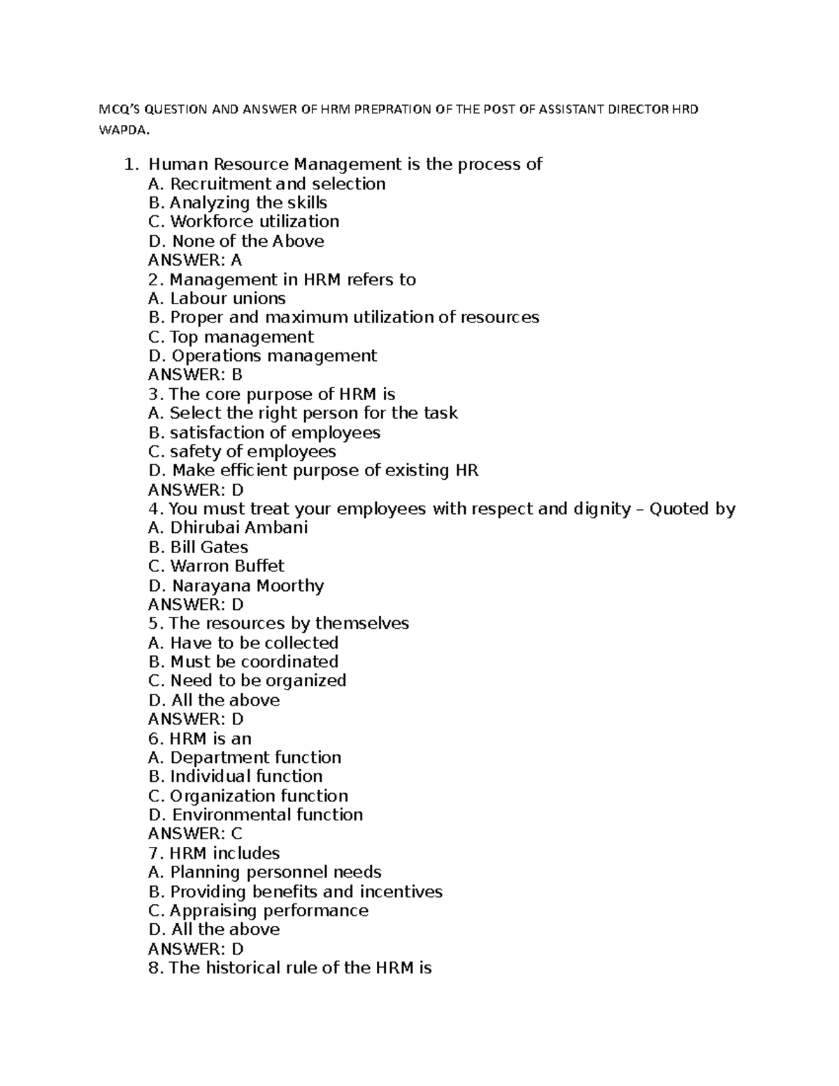 MCQ Questions and Answers for HRM Preparation - AD HRD WAPDA - Studocu